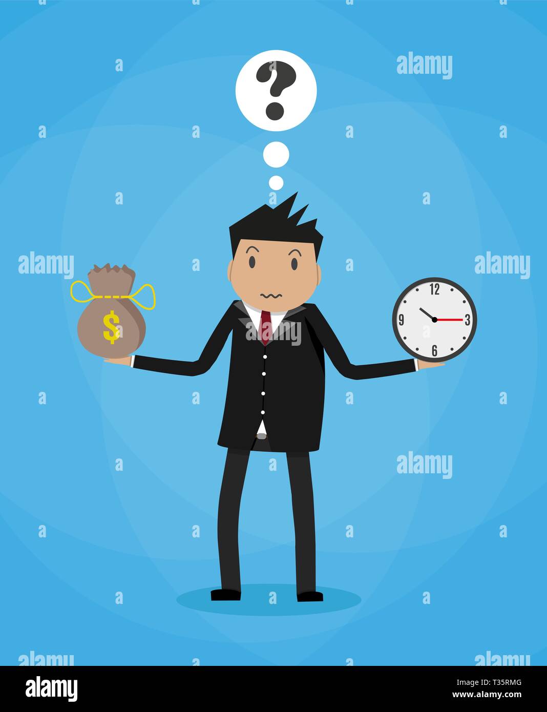 Cartoon businessman with money bag and clocks. Balancing Time and Money ...