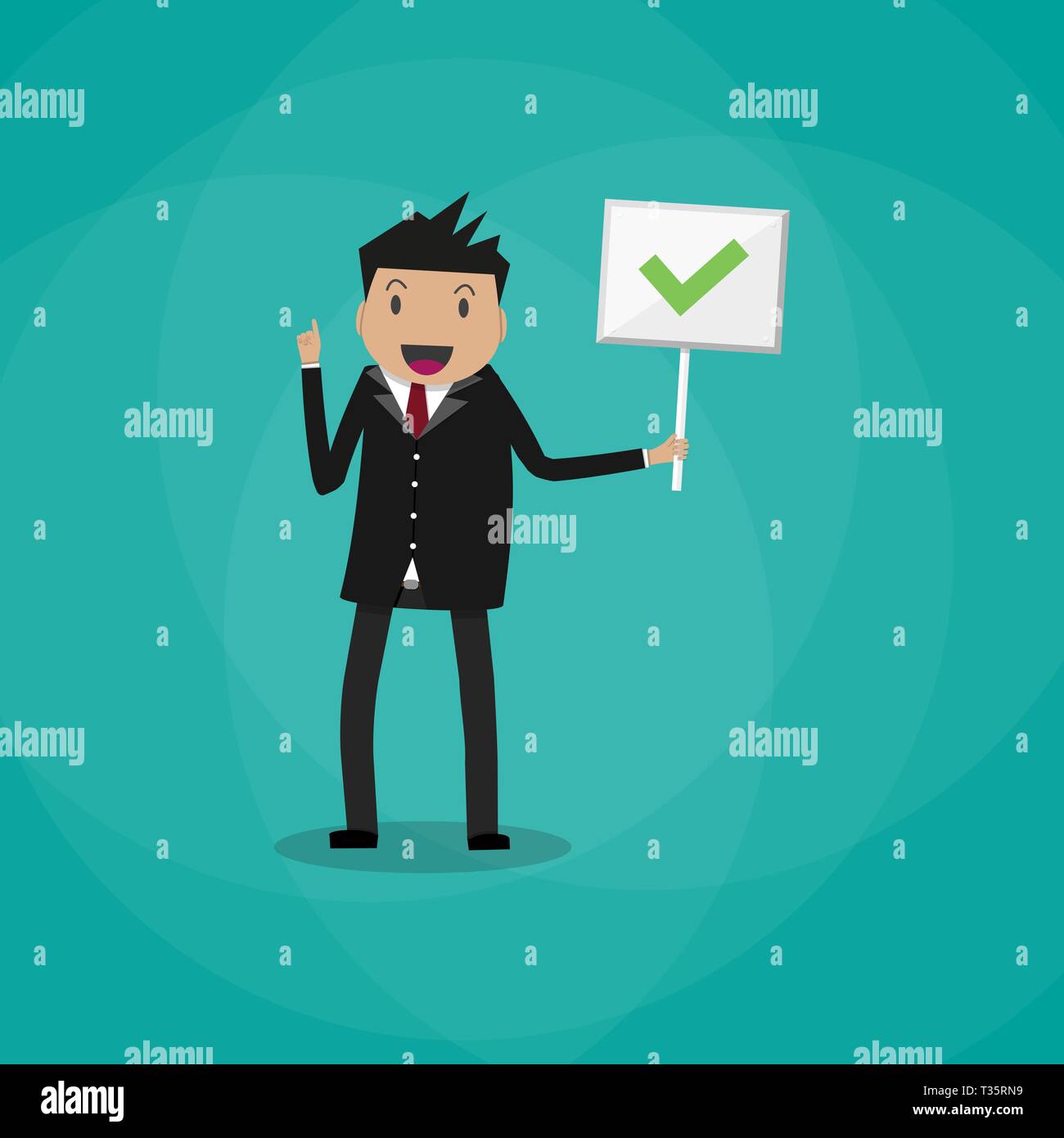 happy Cartoon Businessman hold sign with green tick. positive checkmark ...