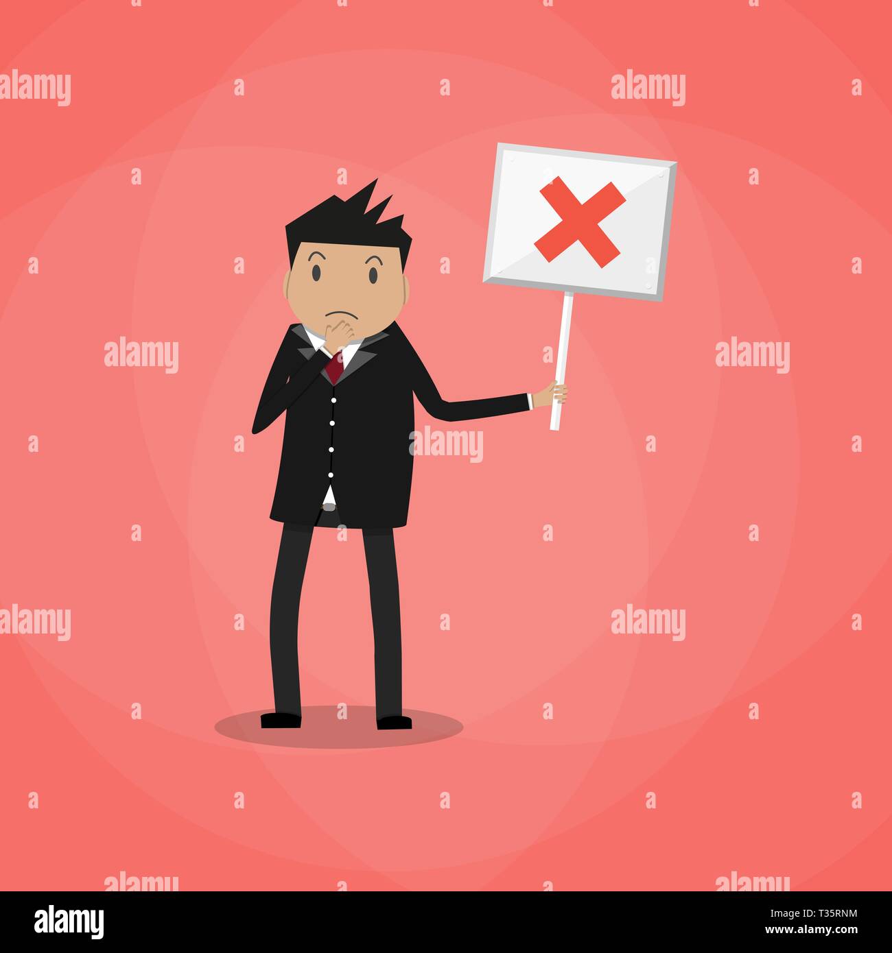 Sad Cartoon Businessman hold sign with red cross. negative checkmark in ...