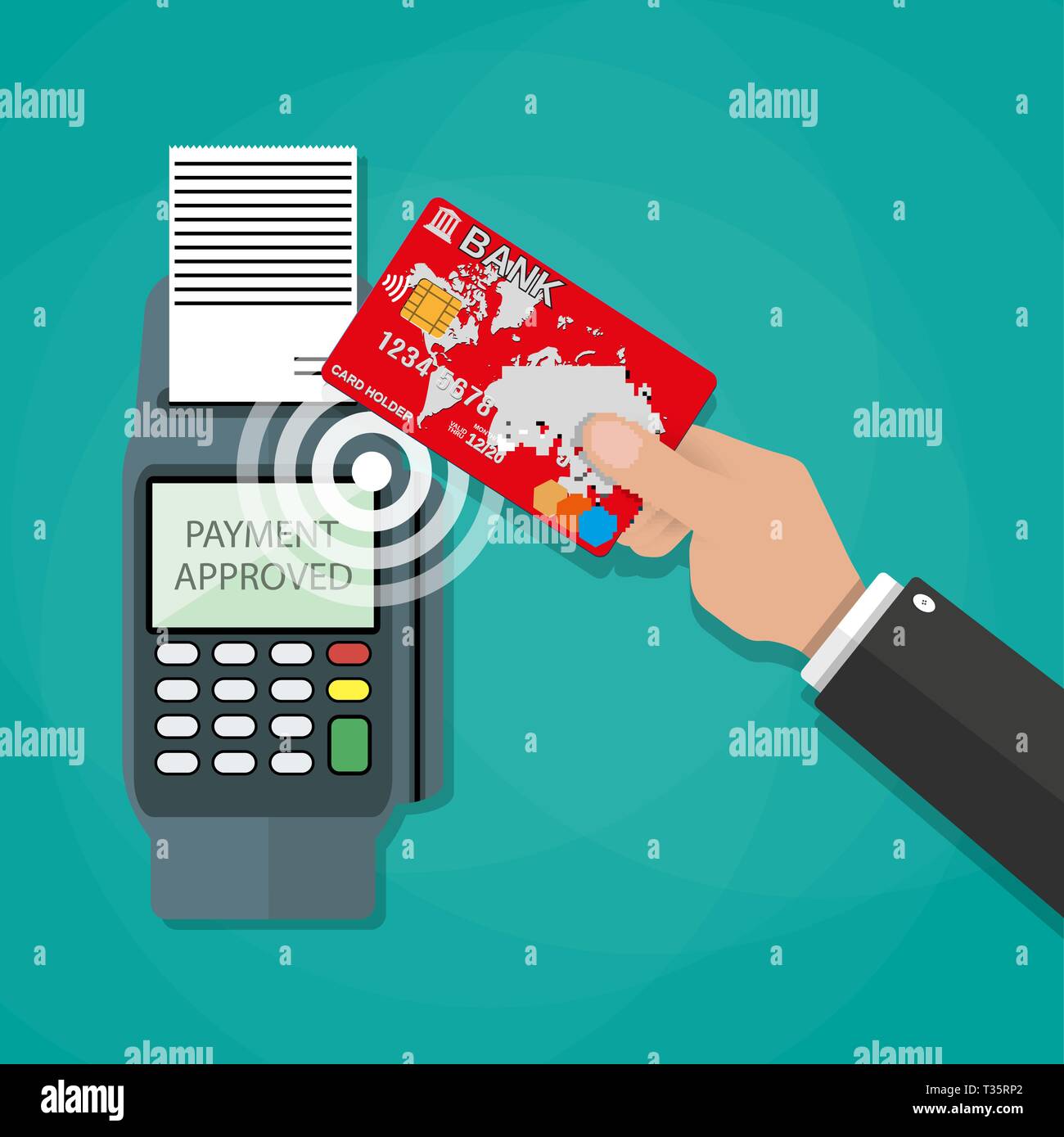 Human hand with plastic card bank and pos terminal. nfc payments ...