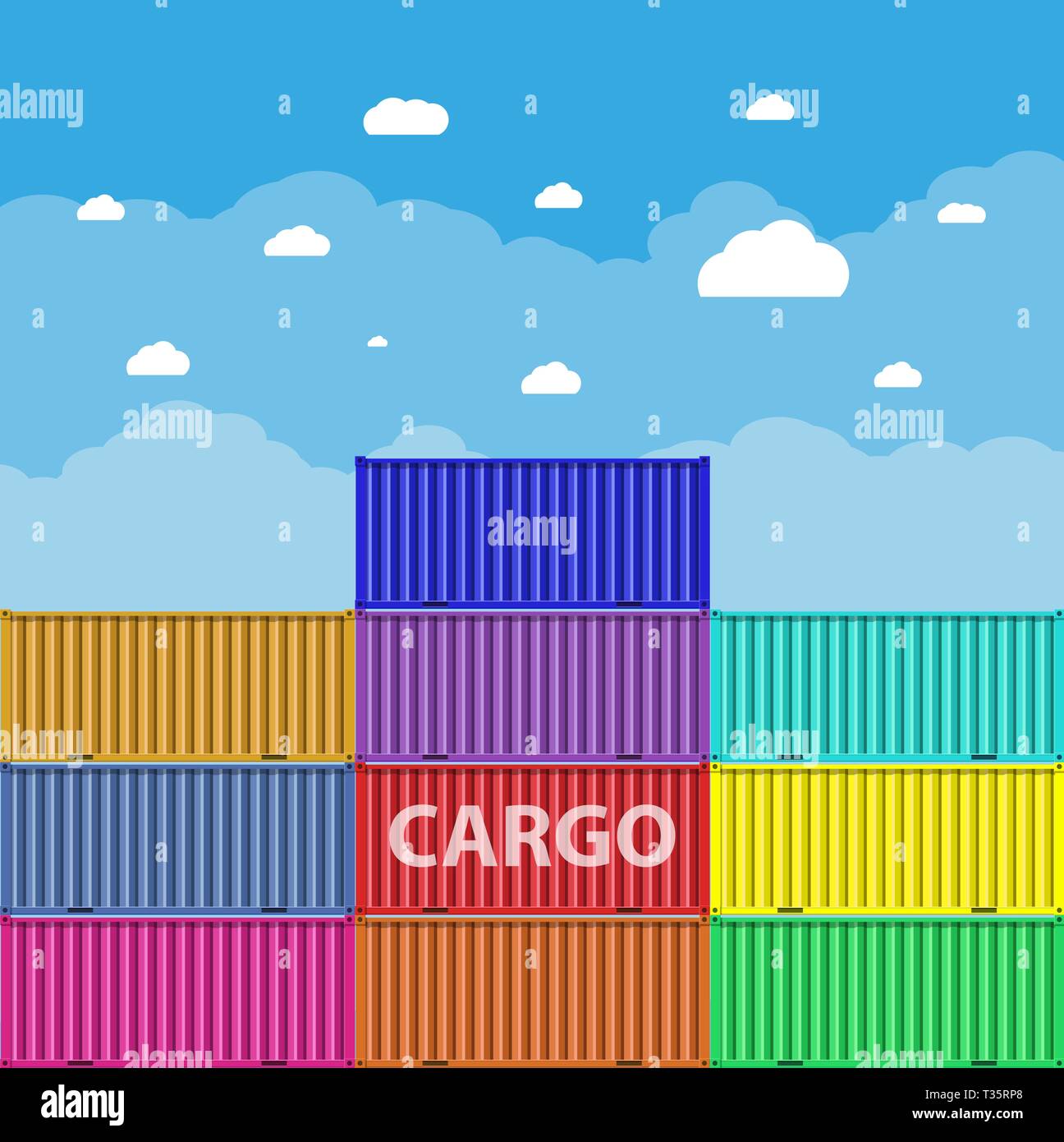 colorful sea cargo containers at blue sky background with clouds ...
