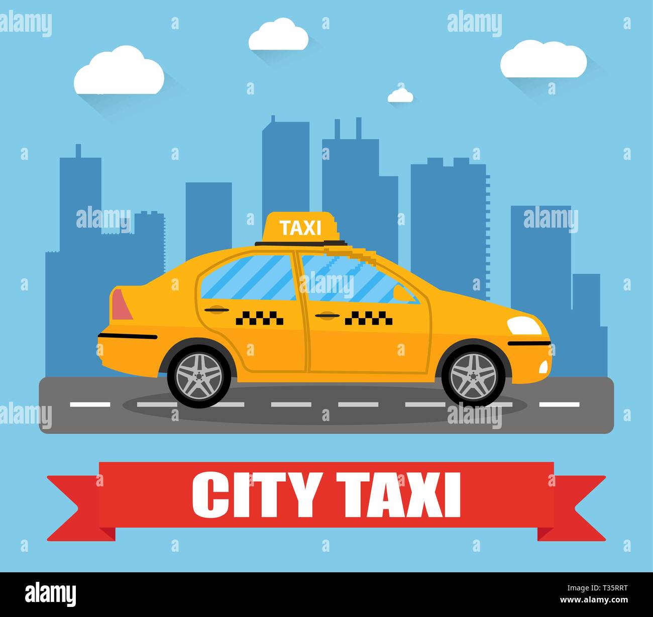 Yellow taxi car in front of city silhouette and sky with clouds, taxi ...