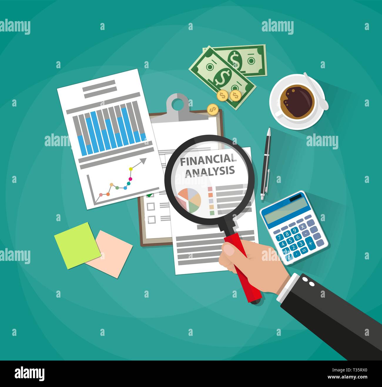 Cartoon businessman hand with magnifying glass looking financial report ...