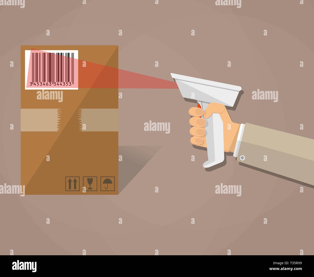 cartoon human hand is scanning a cardboard box with barcode scanner ...