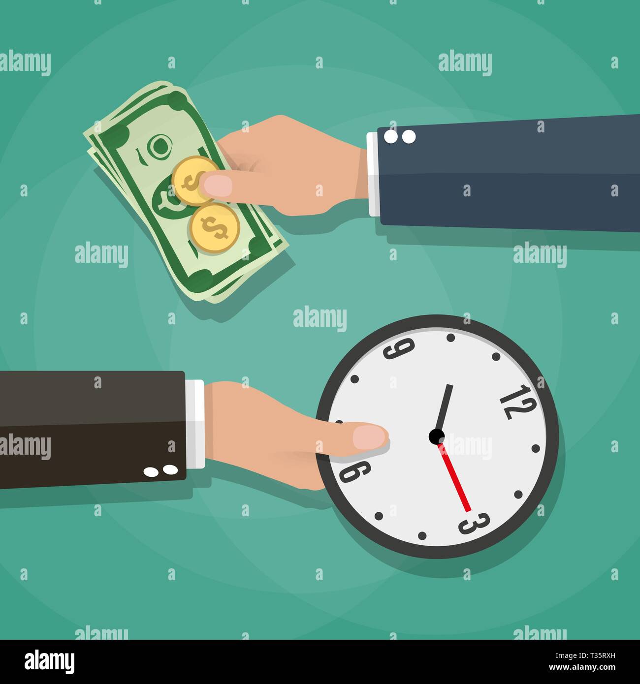 Two cartoon businessman hands with cash money and clocks. Balancing ...