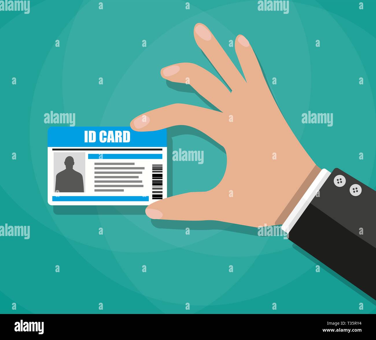 Cartoon businessman Hand holding Id card. vector illustration in flat design on green background ...