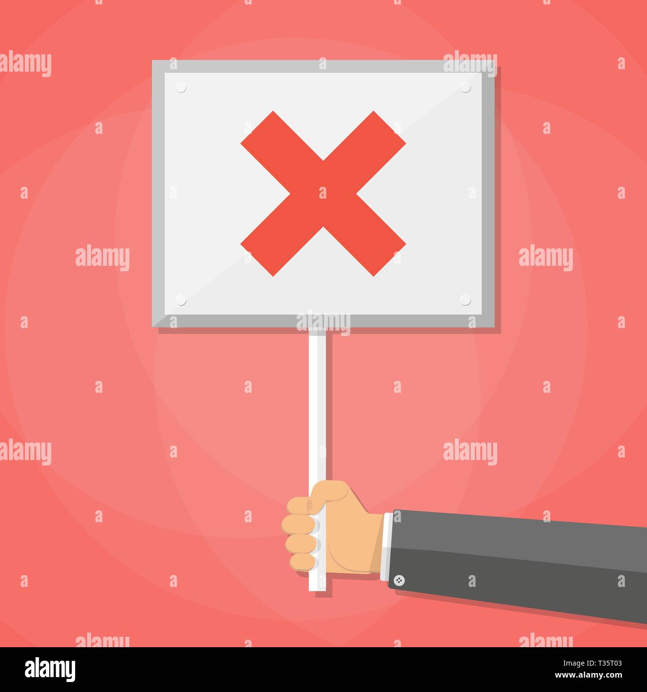 Cartoon Businessman hand hold sign with red cross. negative checkmark ...