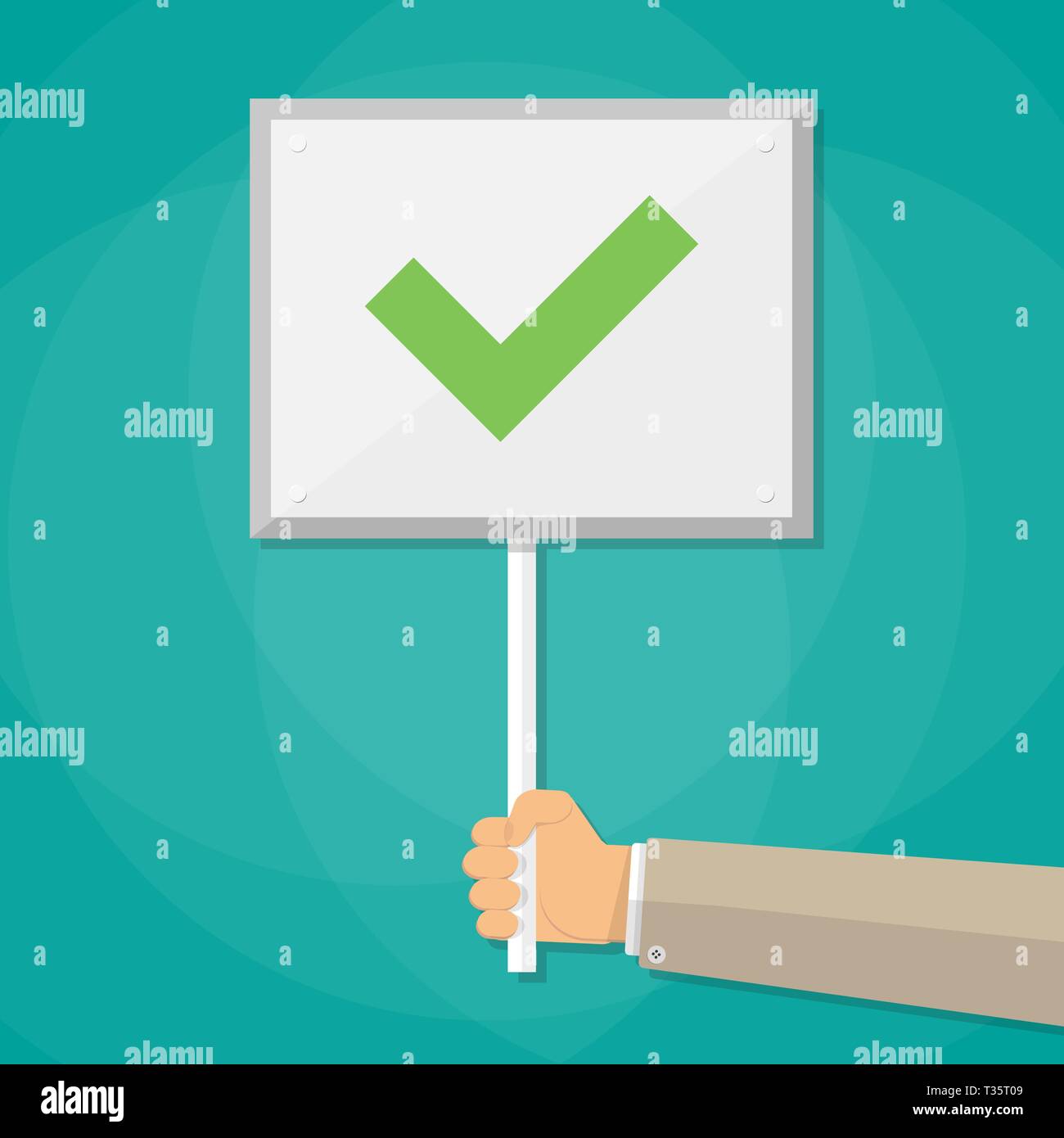 Cartoon Businessman hand hold sign with green tick. positive checkmark ...