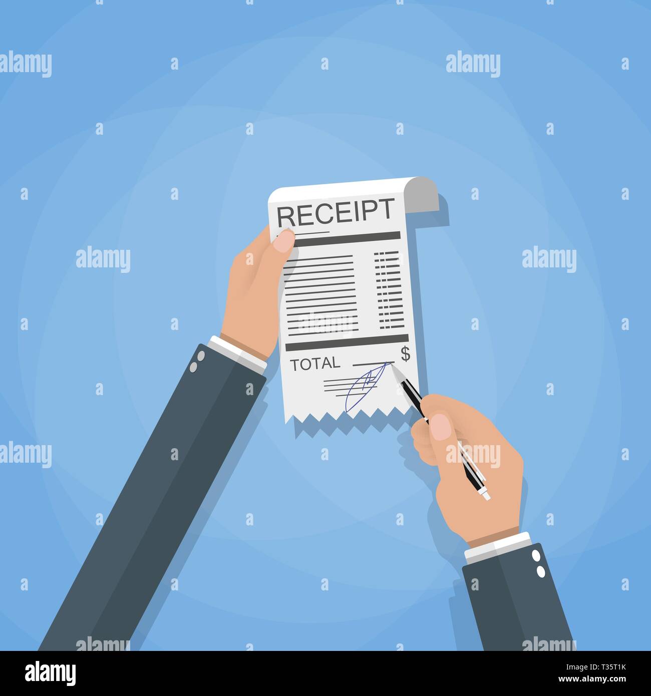 cartoon businessman hands with sign payment bill receipt, vector i ...