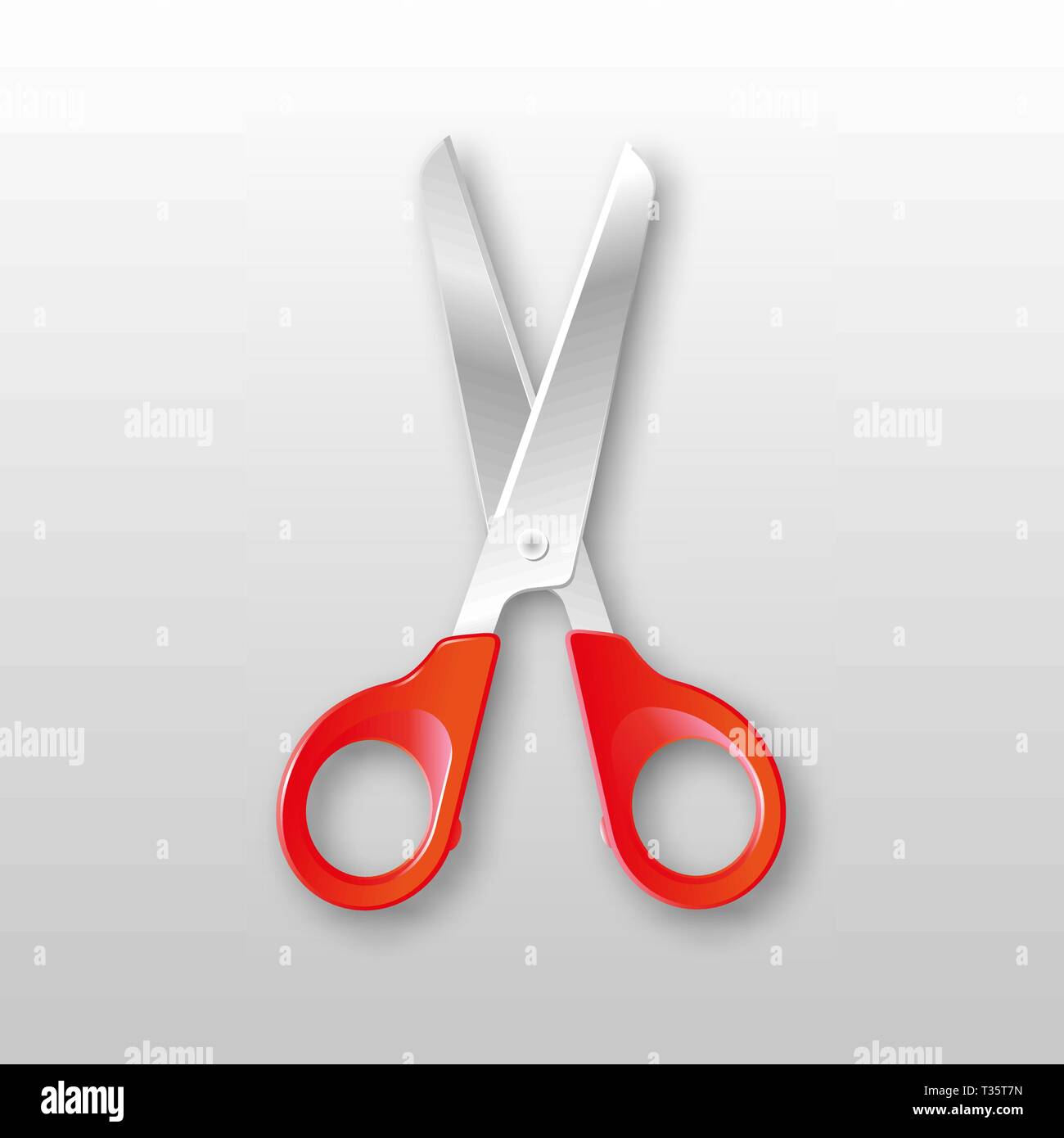 Realistic Steel silver scissors with red plastic handles with shadow ...