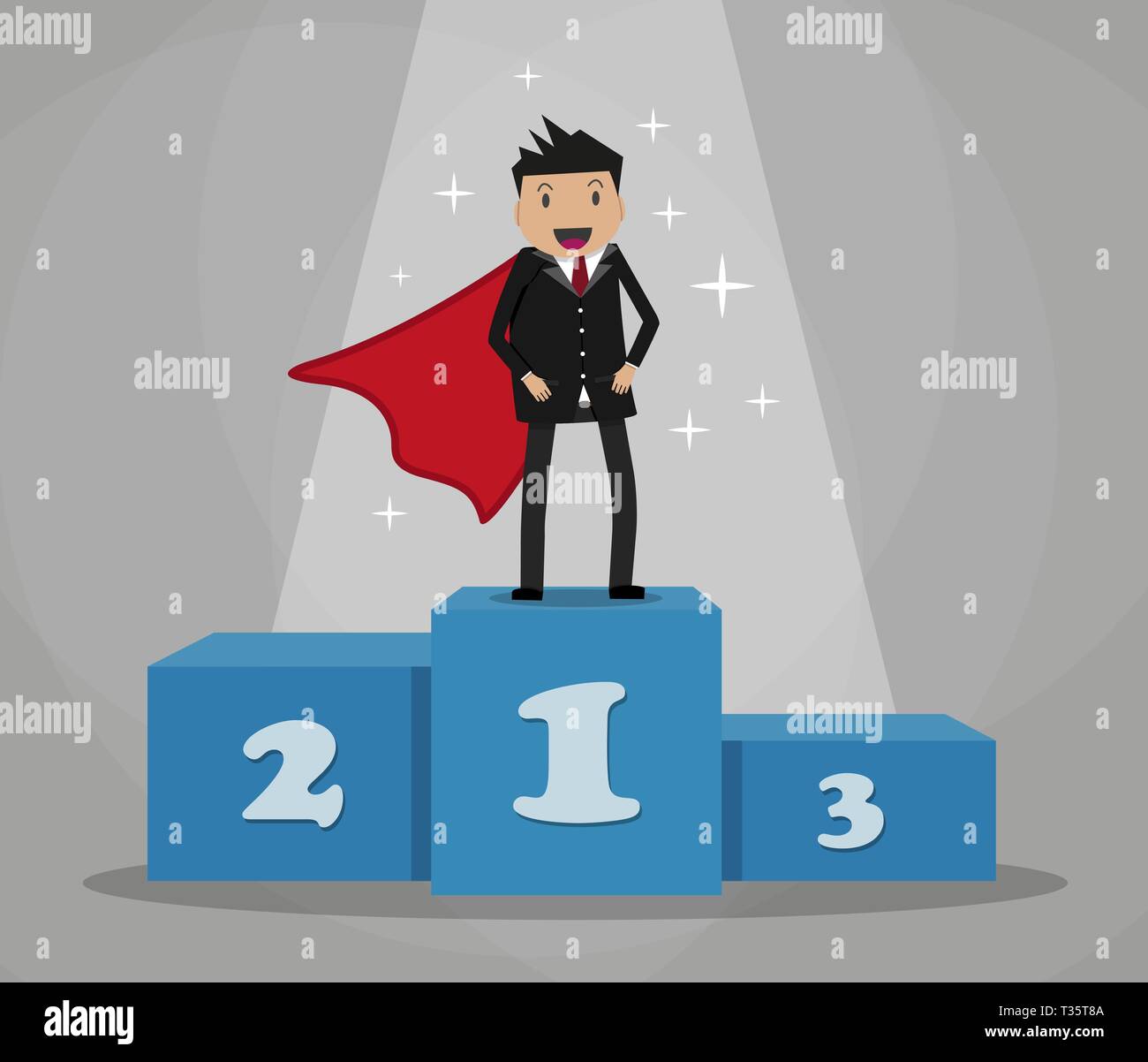 Cartoon super businessman winner in black suit and red cape standing on ...