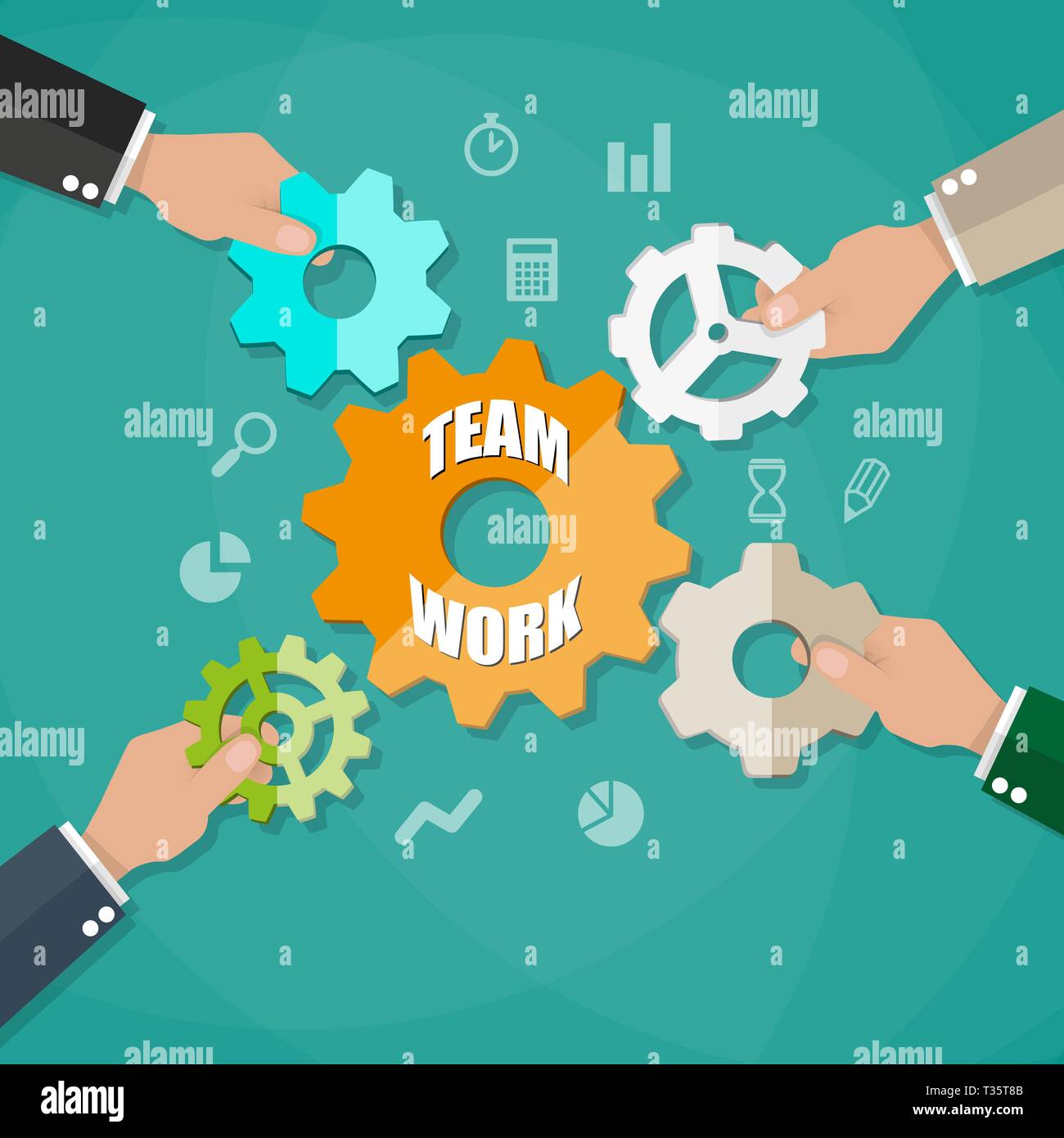 Cartoon businessmans hands joining gears. Business team and teamwork ...