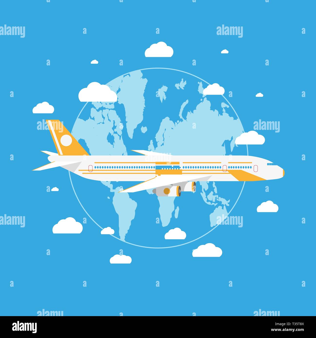 Cartoon passanger airplane flying above planet earth with white clouds ...