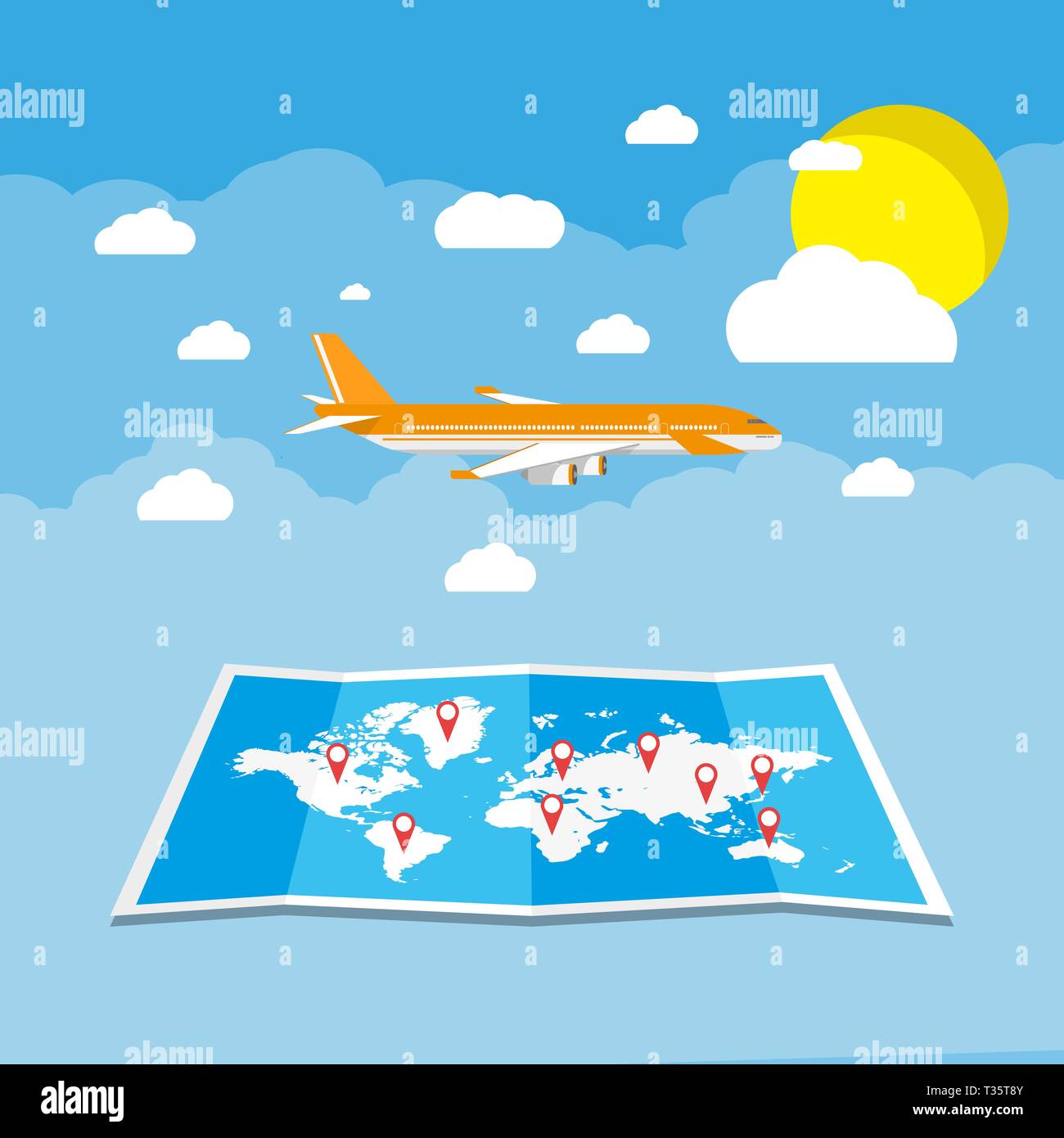 Travel concept. World map, airplane, sun in the sky with clouds on blue ...