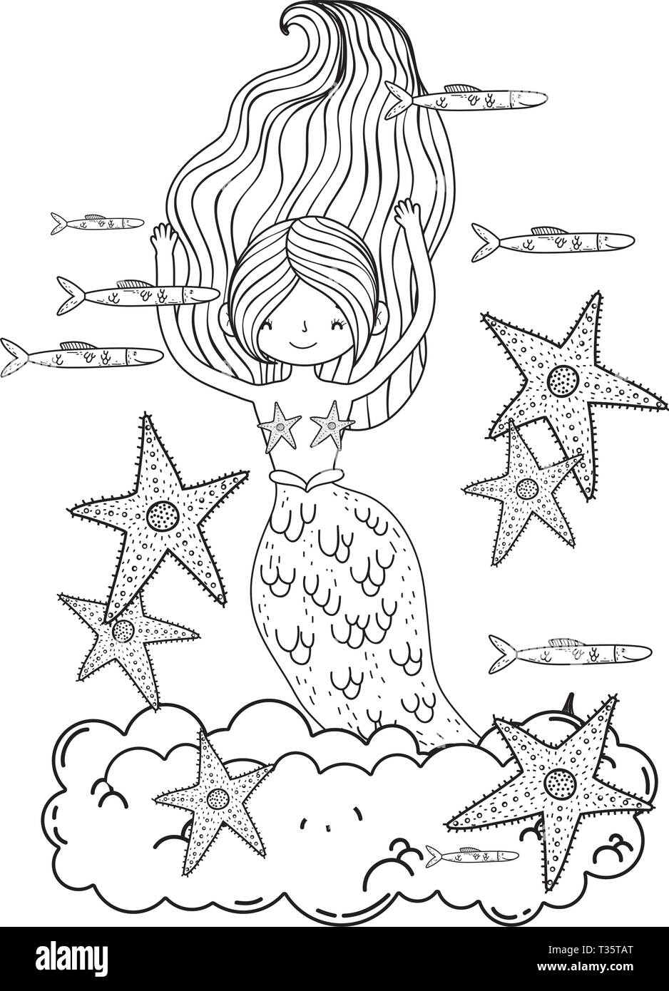 beautiful mermaid with starfishes in clouds vector illustration design ...