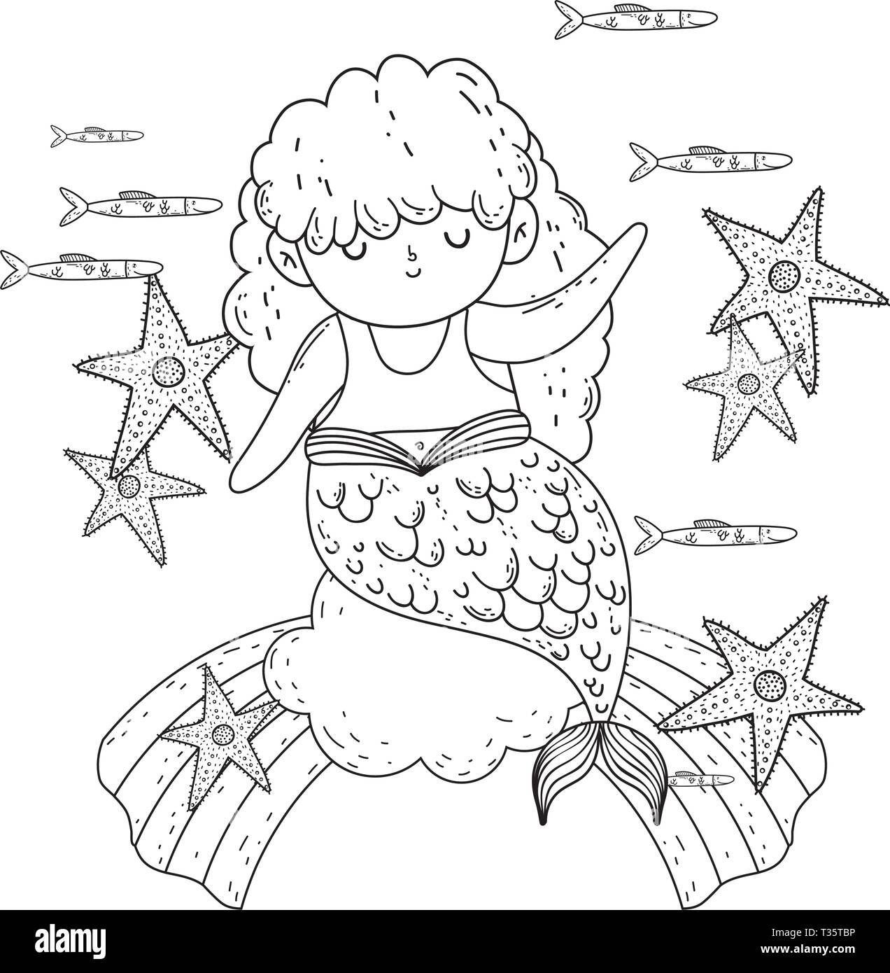 beautiful mermaid with starfishes in clouds vector illustration design ...