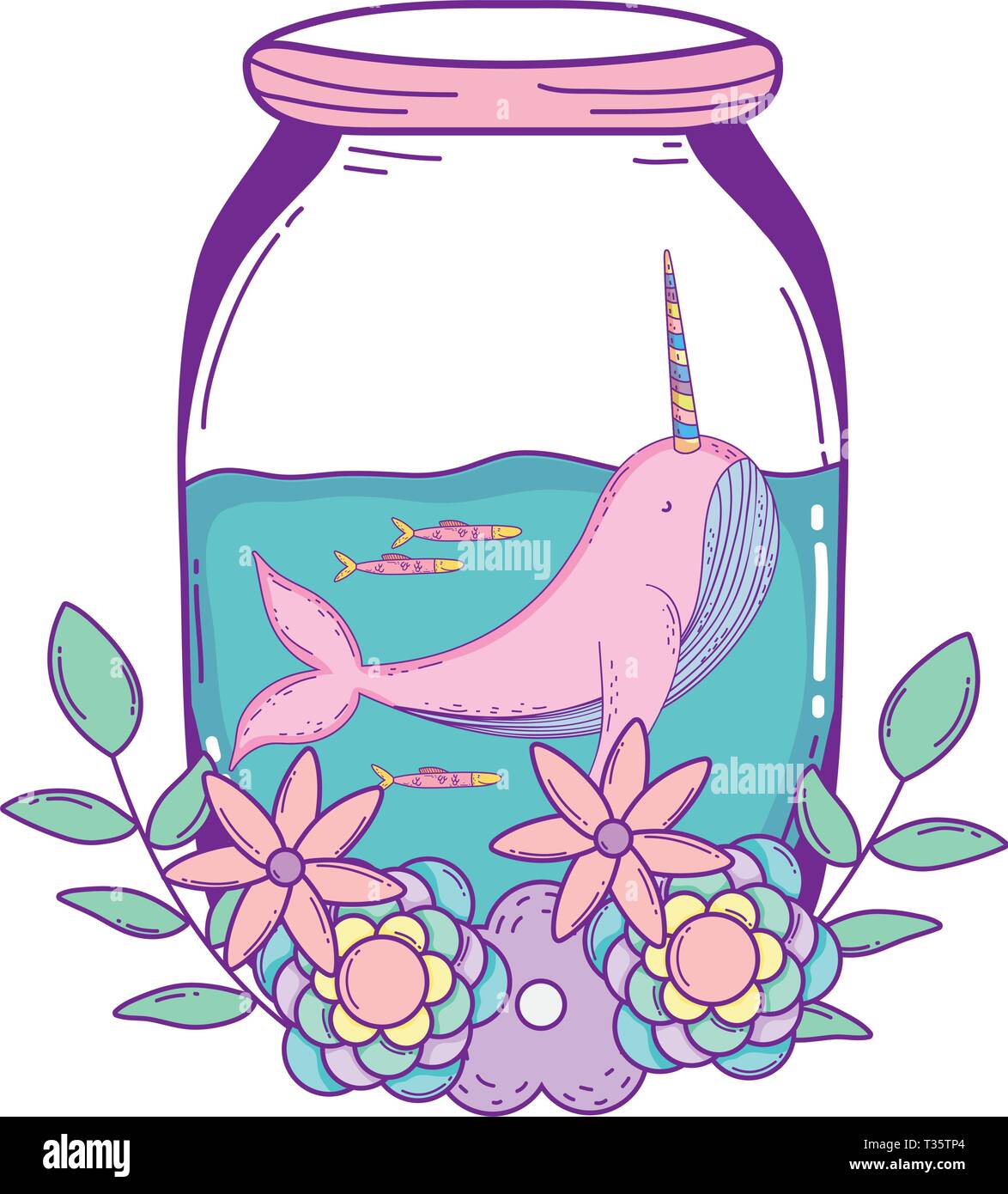 cute narval in mason jar with wreath flowers vector illustration design ...