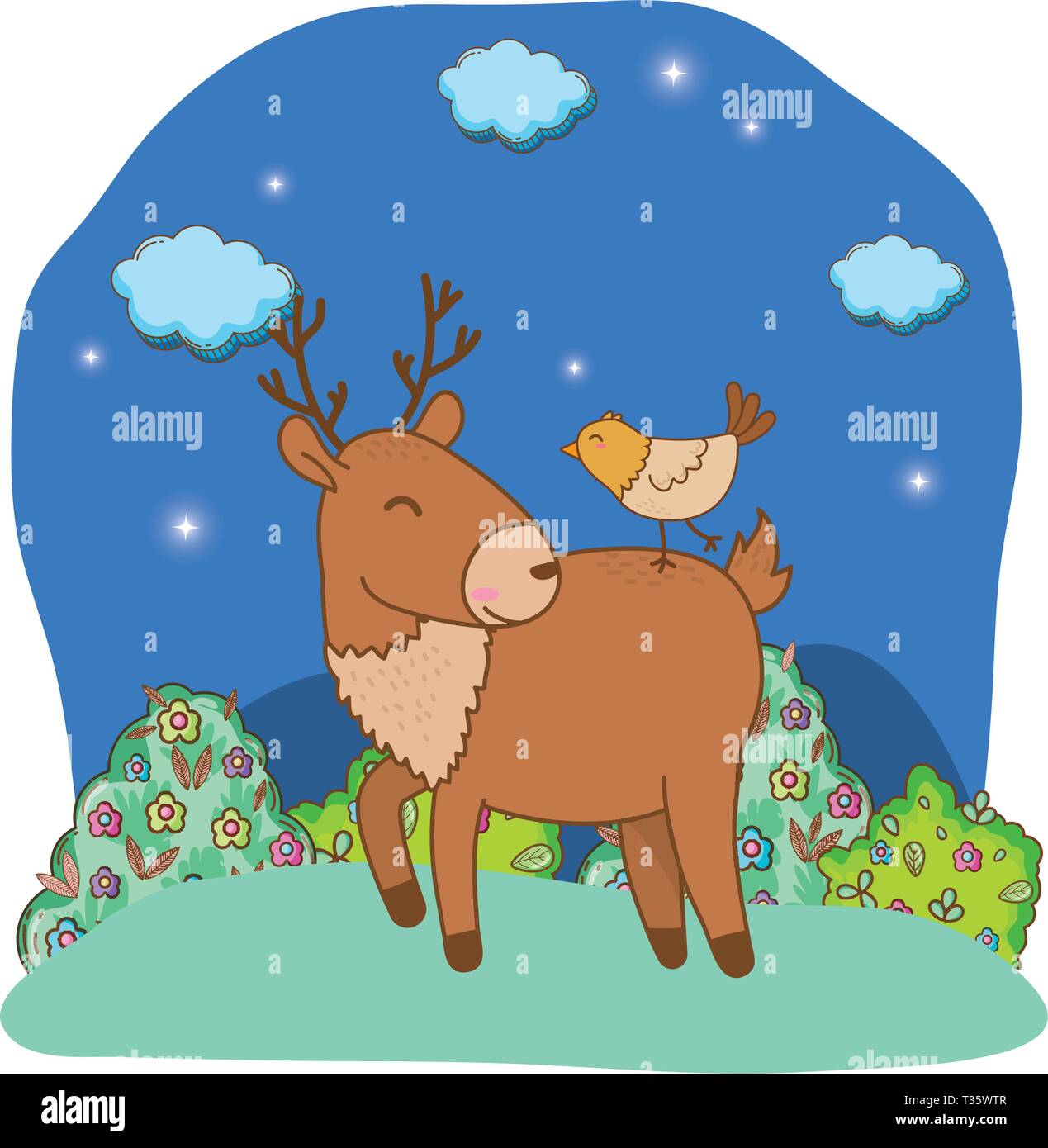 cute littles animals at night cartoon vector illustration graphic ...