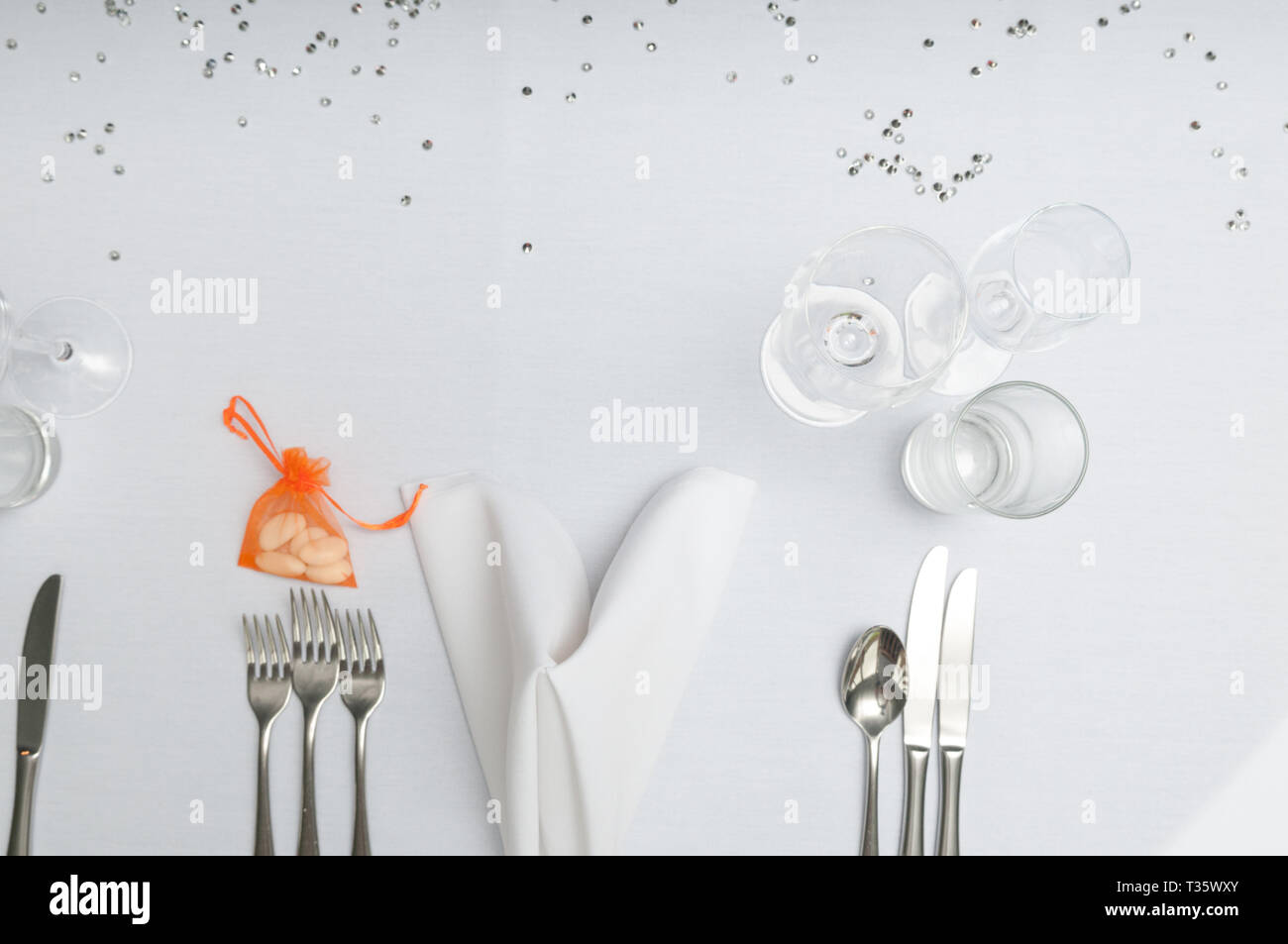 Top view wedding reception table decorated with floral arrangement ...