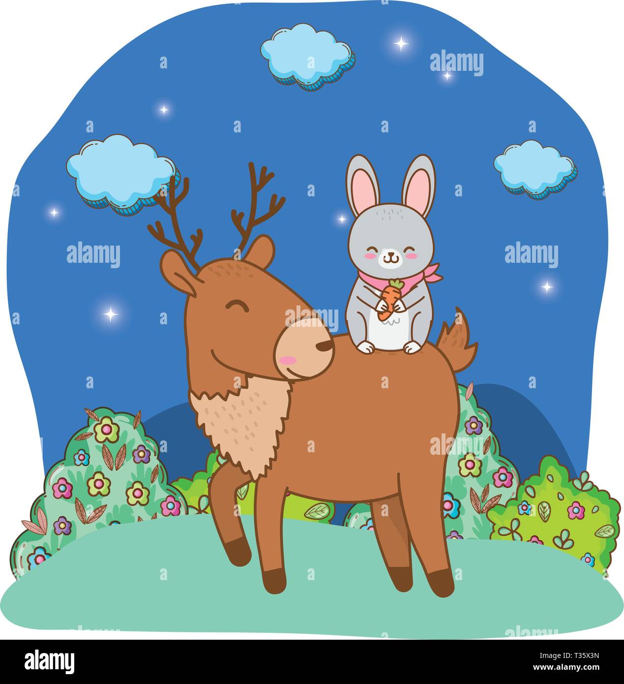 cute littles animals at night cartoon vector illustration graphic ...