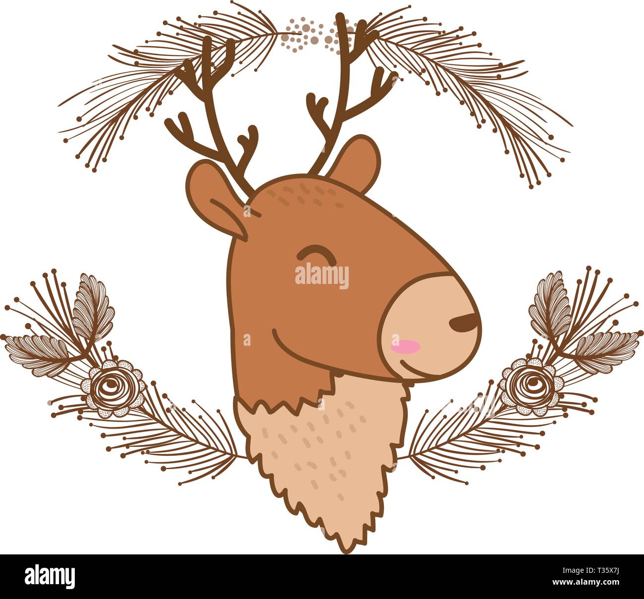 cute little animal deer face flowers frame cartoon vector illustration ...