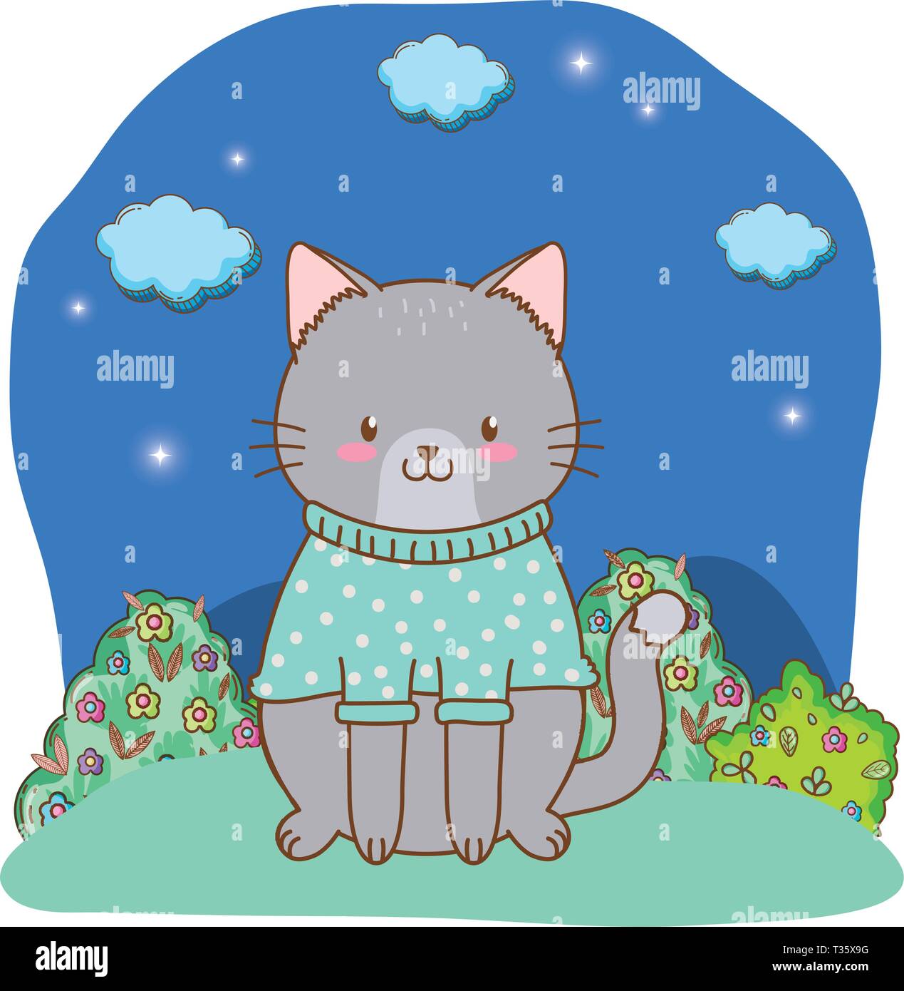cute little animal cat at night cartoon vector illustration graphic ...
