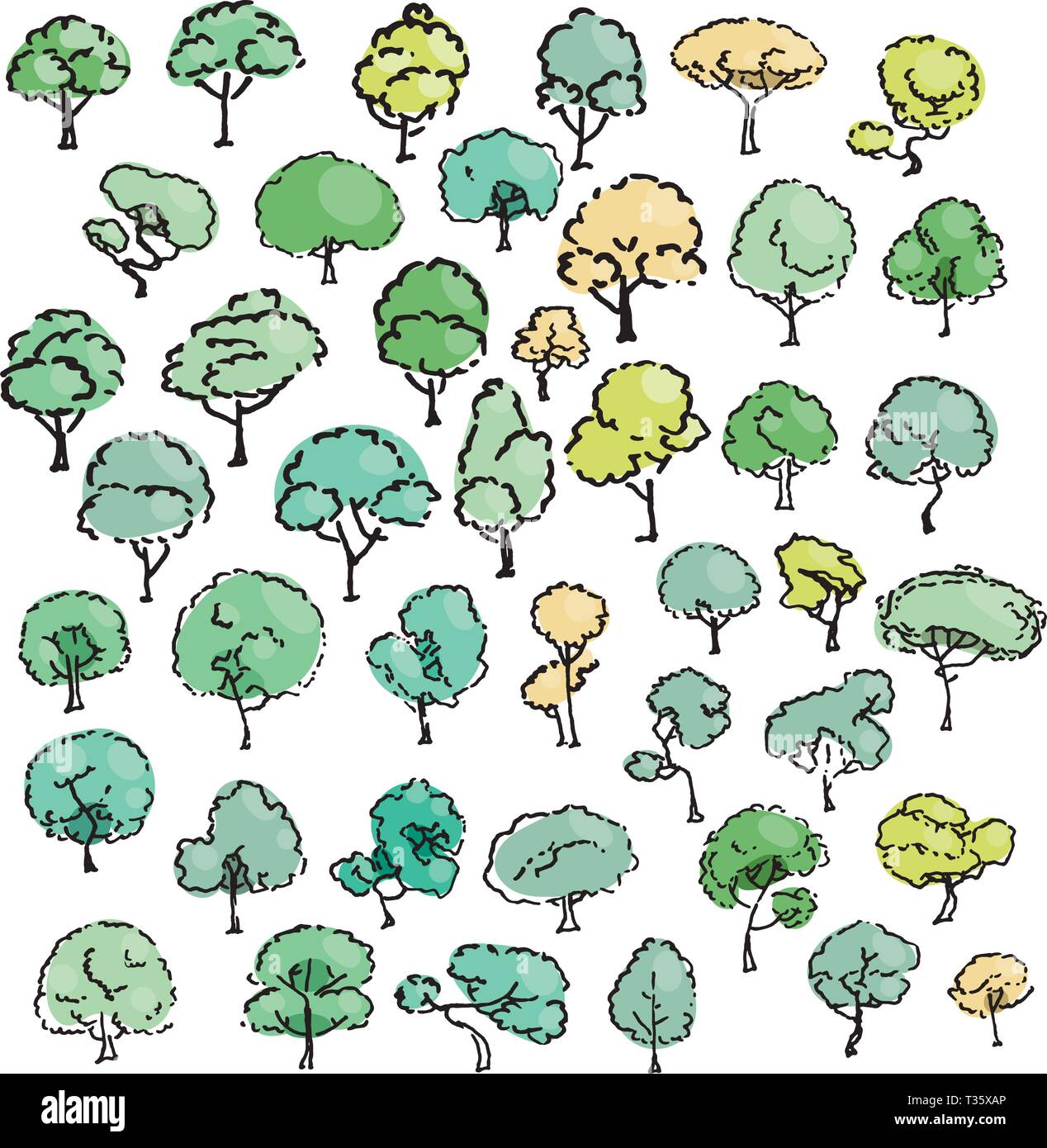 Trees sketch set, cartoon vintage illustration, ink draw engraved style ...