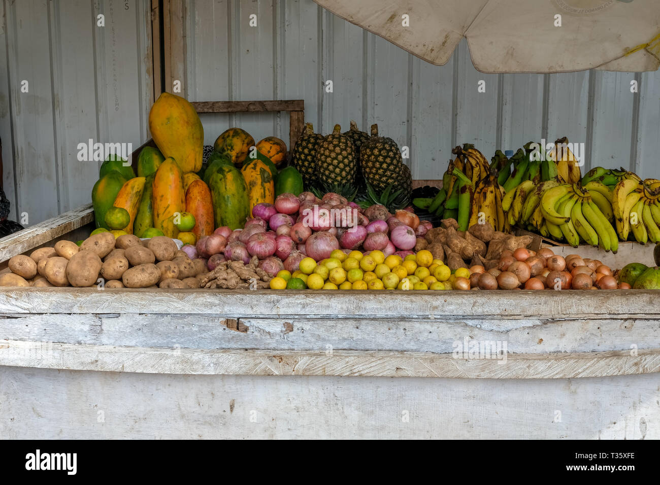 Fresh fruit and vegetables on sale in a street market in Malabo, the ...