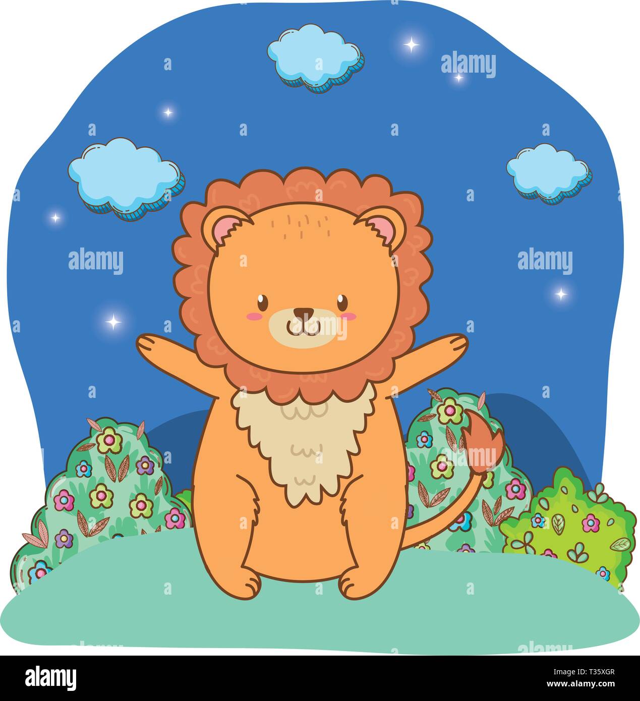 cute little animal lion at night cartoon vector illustration graphic ...