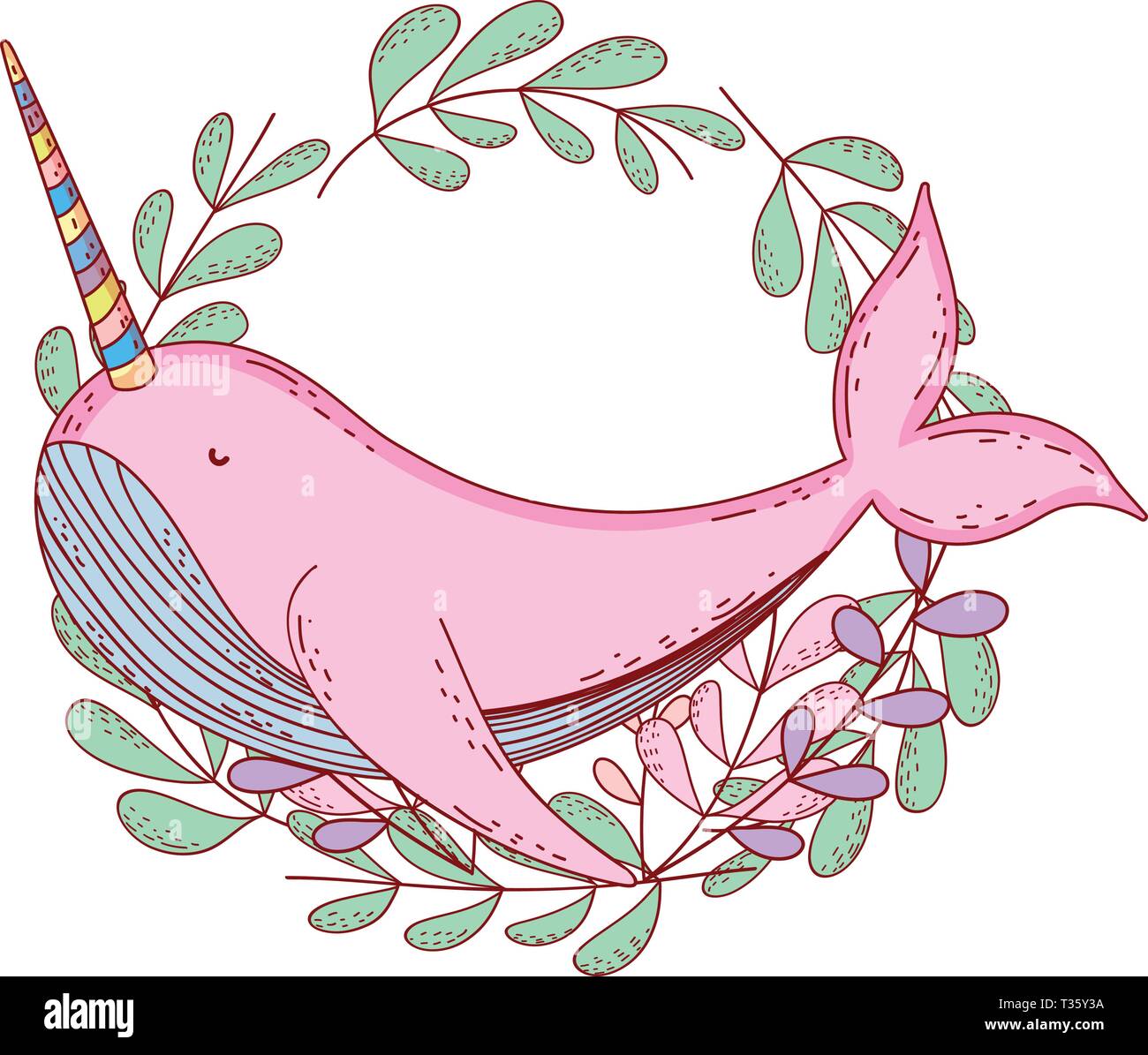 cute narval with leafs crown vector illustration design Stock Vector ...