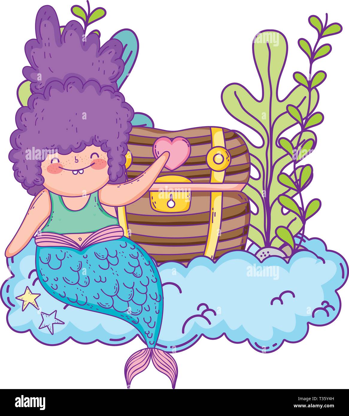 beautiful mermaid with treasure chest in clouds vector illustration ...