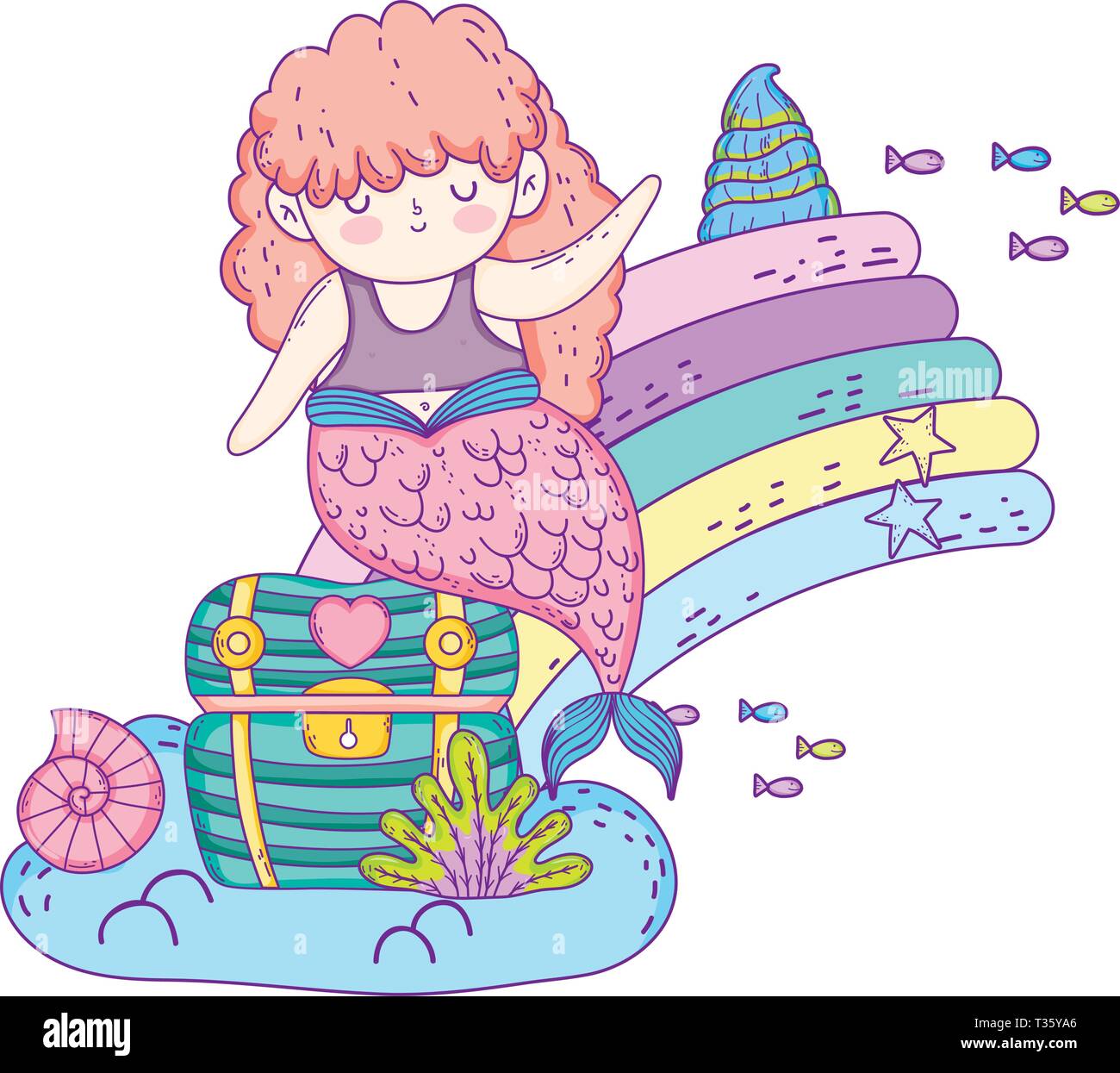beautiful mermaid with treasure chest in clouds vector illustration ...
