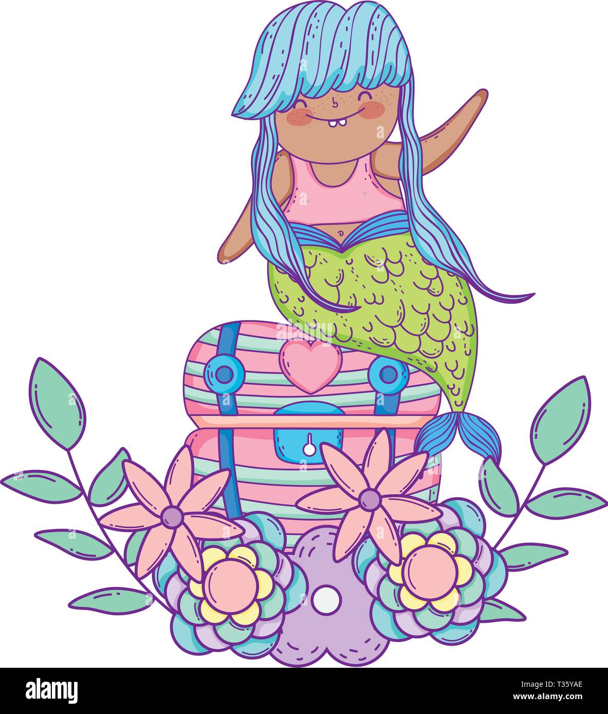 mermaid with treasure chest and flowers vector illustration design ...