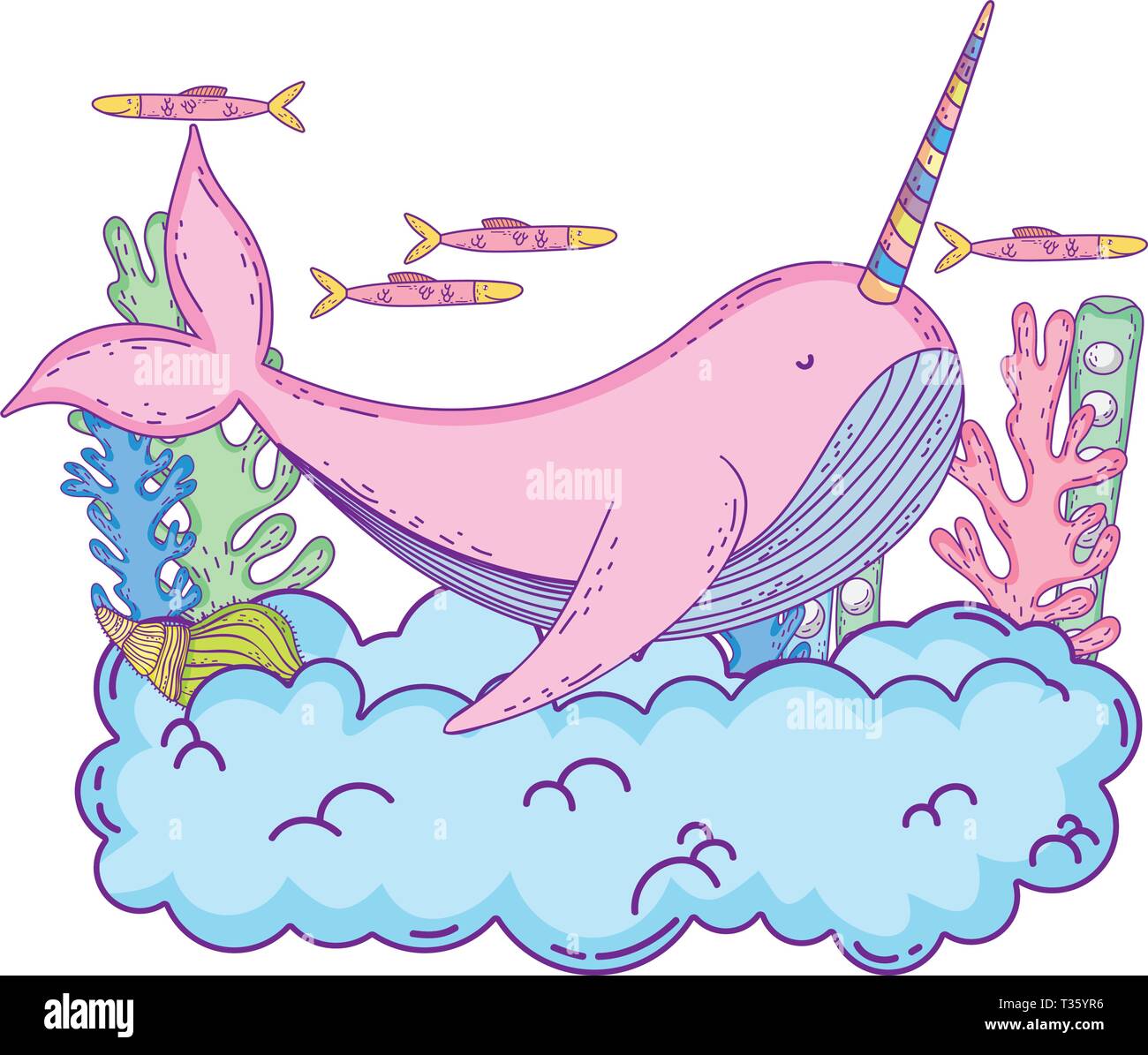 cute narval in clouds scene vector illustration design Stock Vector ...