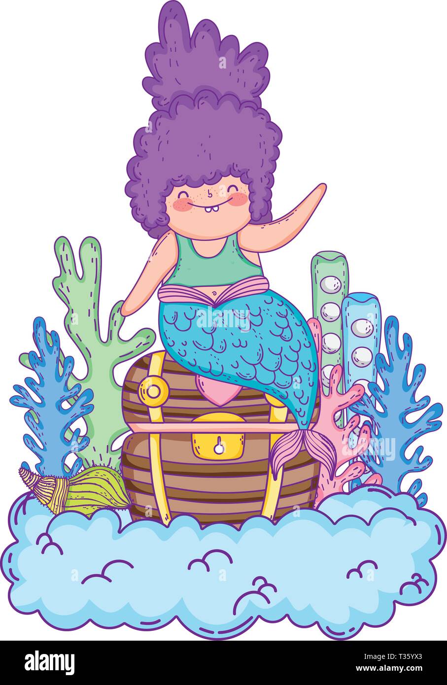 beautiful mermaid with treasure chest in clouds vector illustration ...