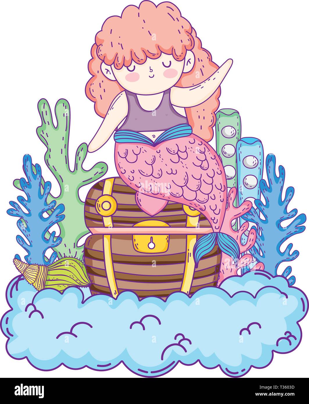 beautiful mermaid with treasure chest in clouds vector illustration ...