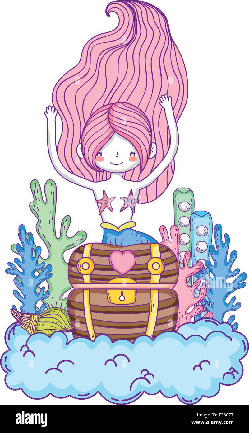 beautiful mermaid with treasure chest in clouds vector illustration ...