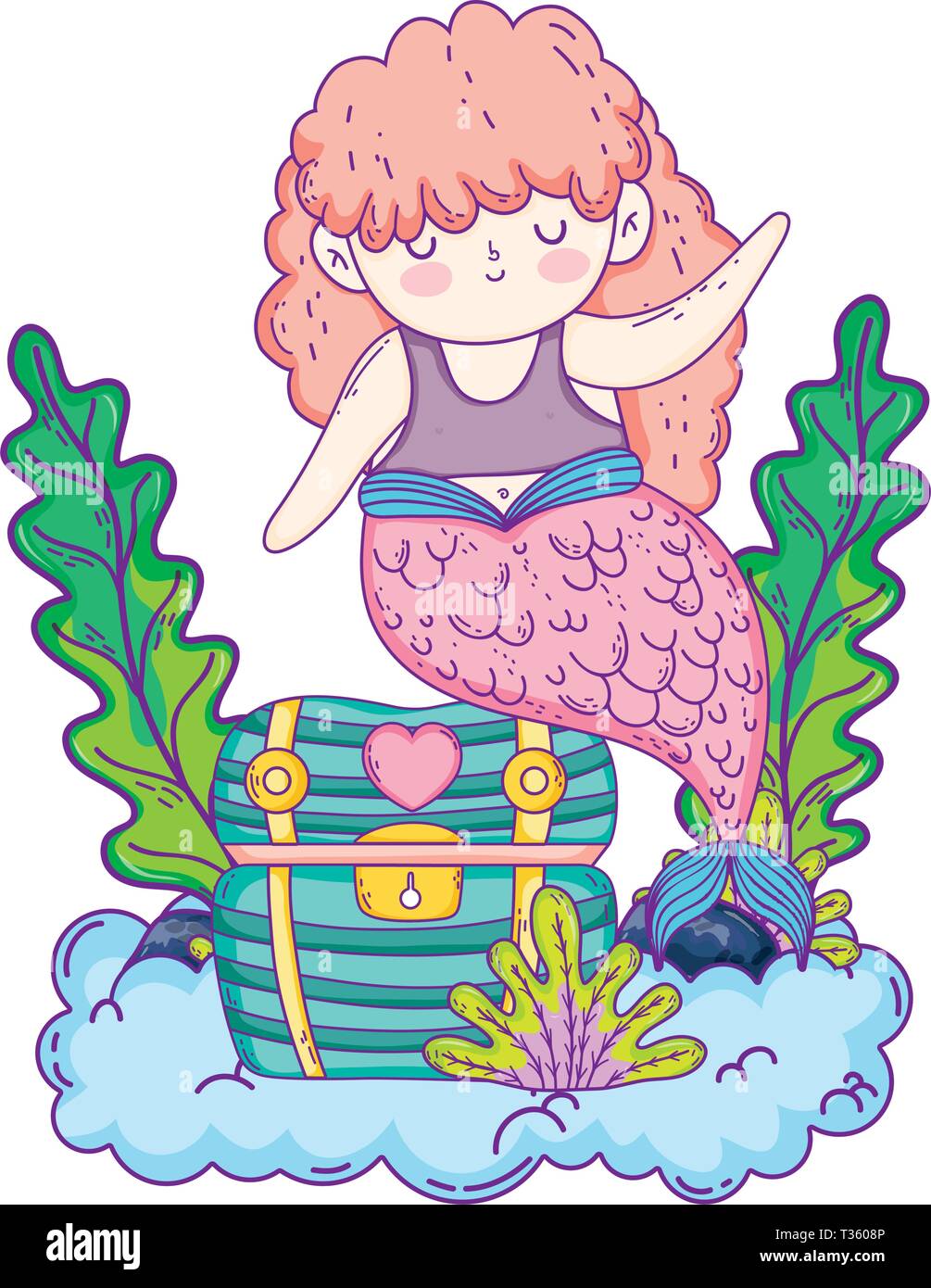 beautiful mermaid with treasure chest in clouds vector illustration ...