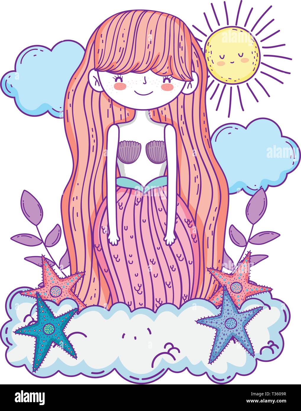 beautiful mermaid with starfishes in clouds vector illustration design ...