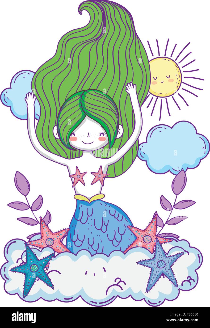 beautiful mermaid with starfishes in clouds vector illustration design ...