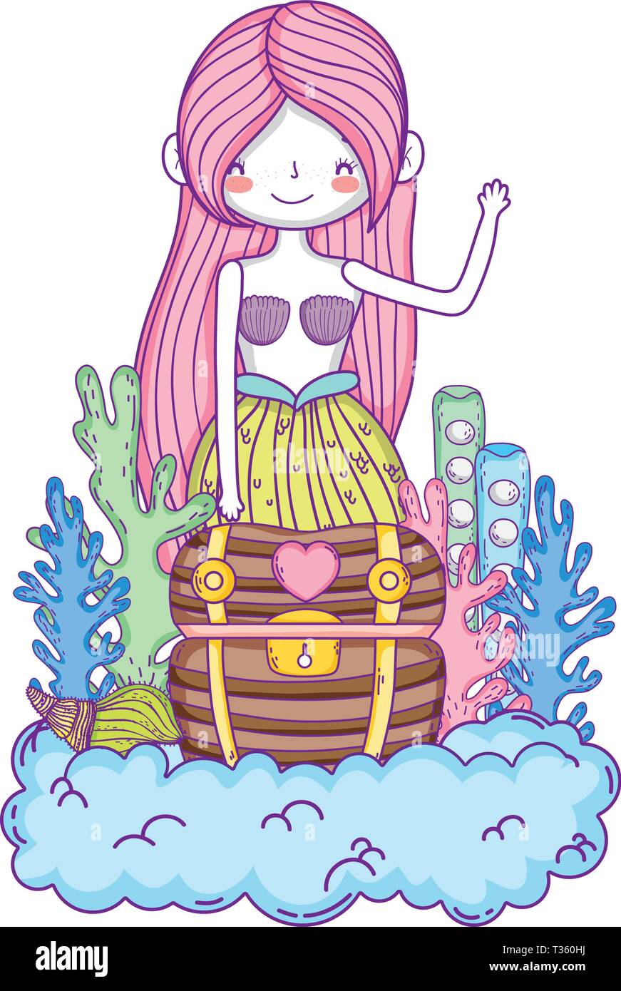 beautiful mermaid with treasure chest in clouds vector illustration ...