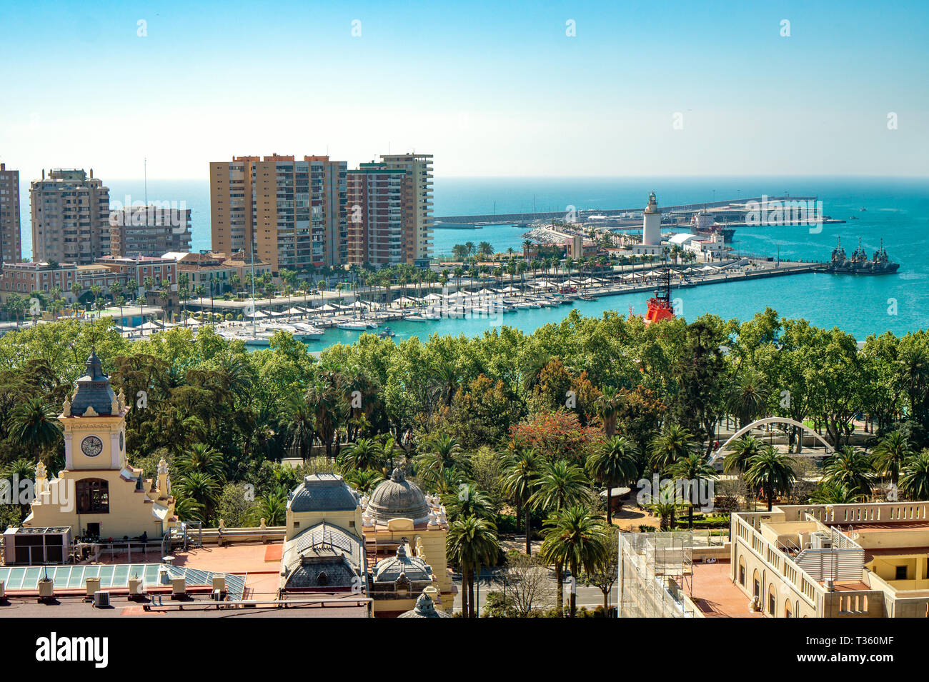 Aerial panoramic view of Malaga city, Andalusia, Spain in a beautiful ...