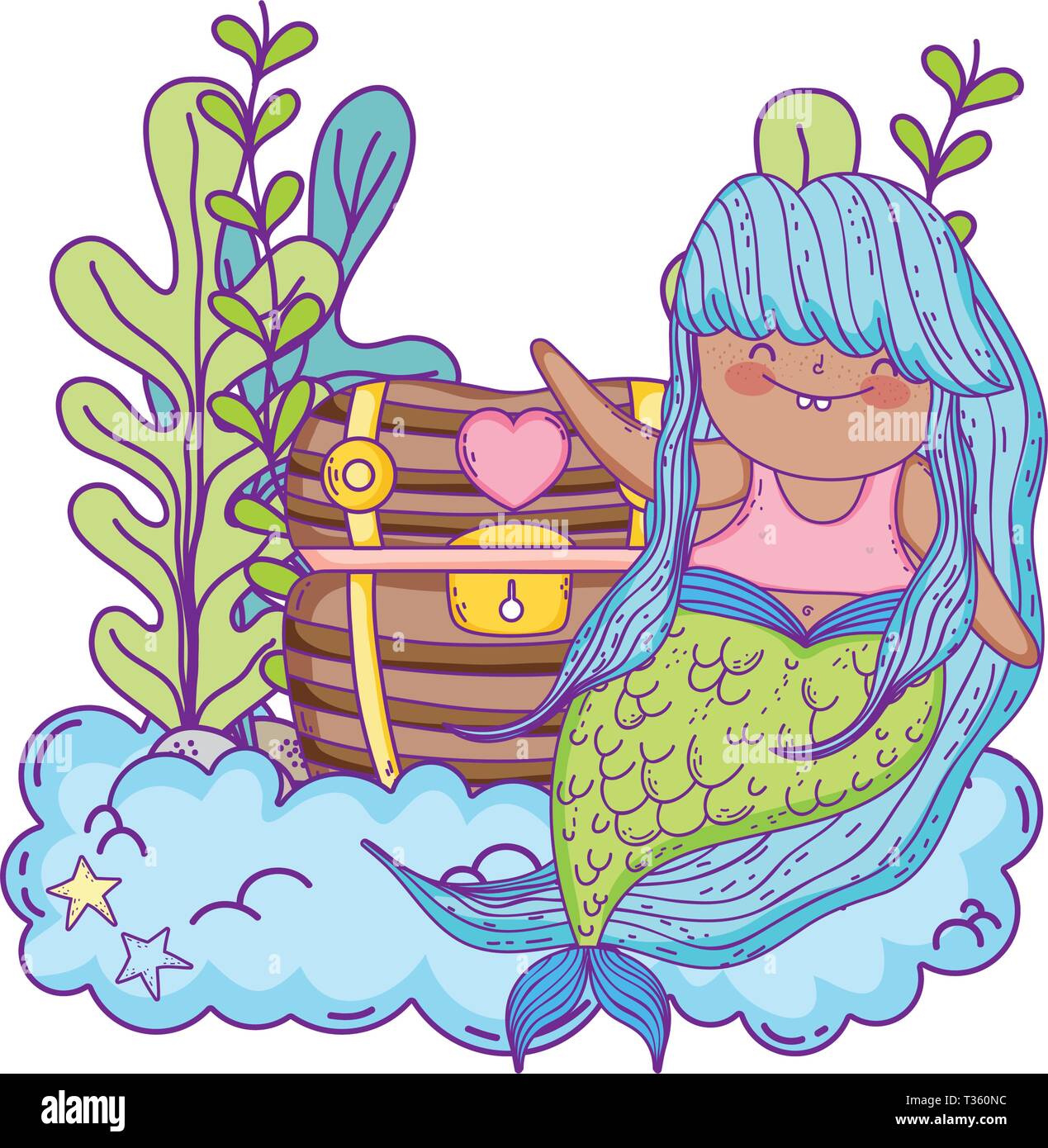 beautiful mermaid with treasure chest in clouds vector illustration ...