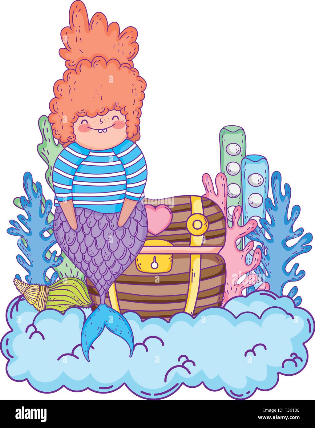 beautiful mermaid with treasure chest in clouds vector illustration ...