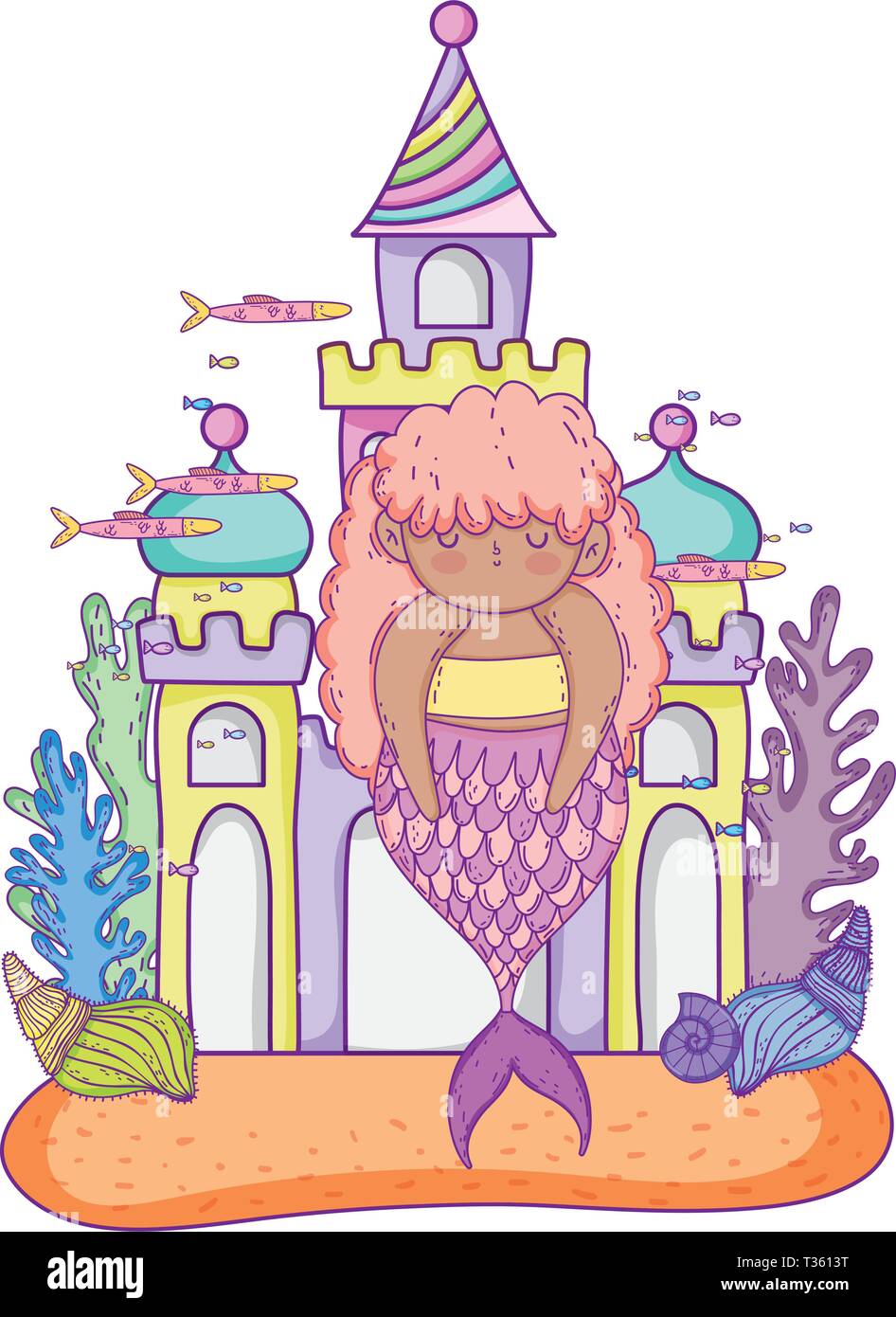 beautiful mermaid with castle scene vector illustration design Stock ...