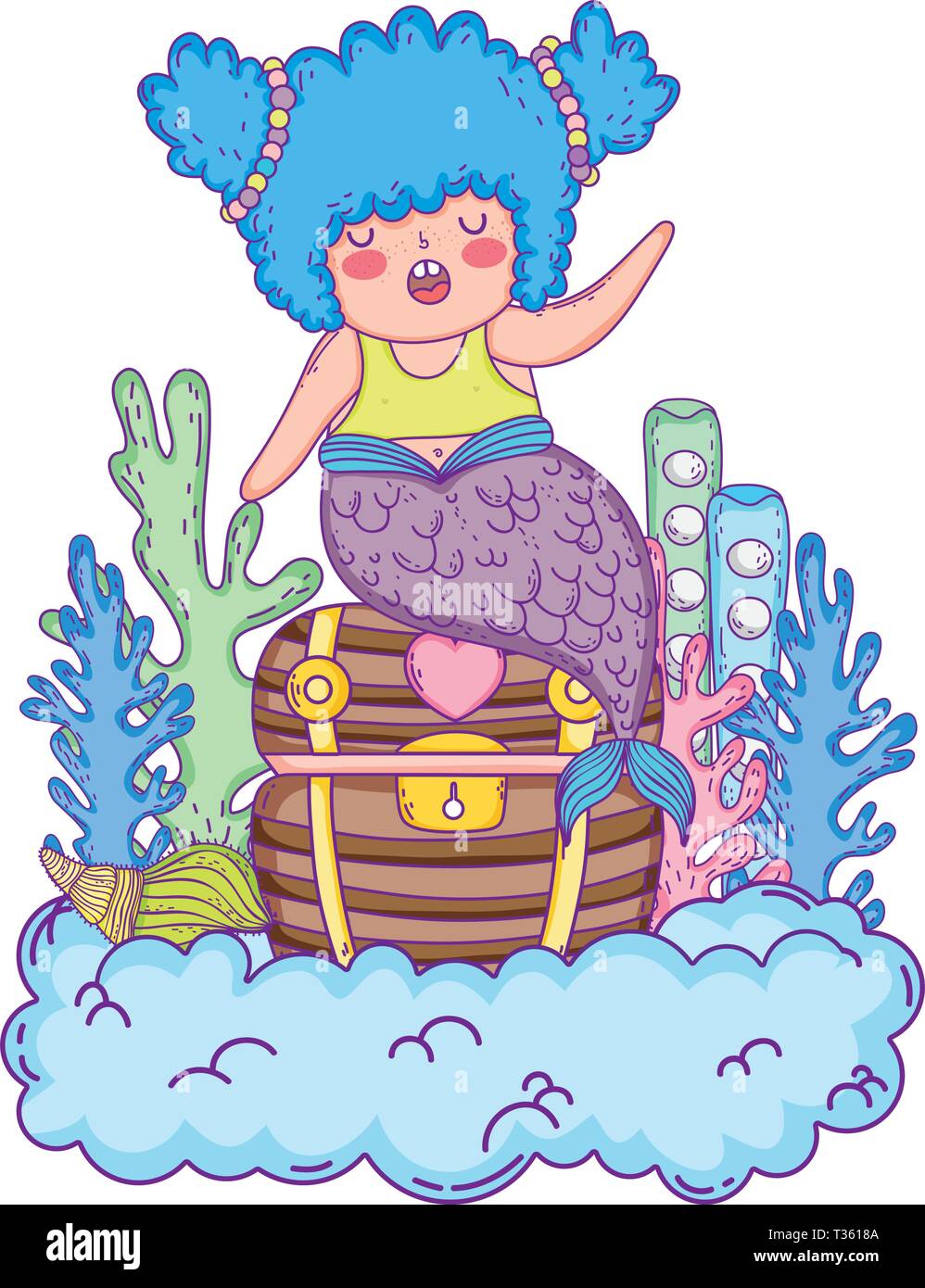 beautiful mermaid with treasure chest in clouds vector illustration ...