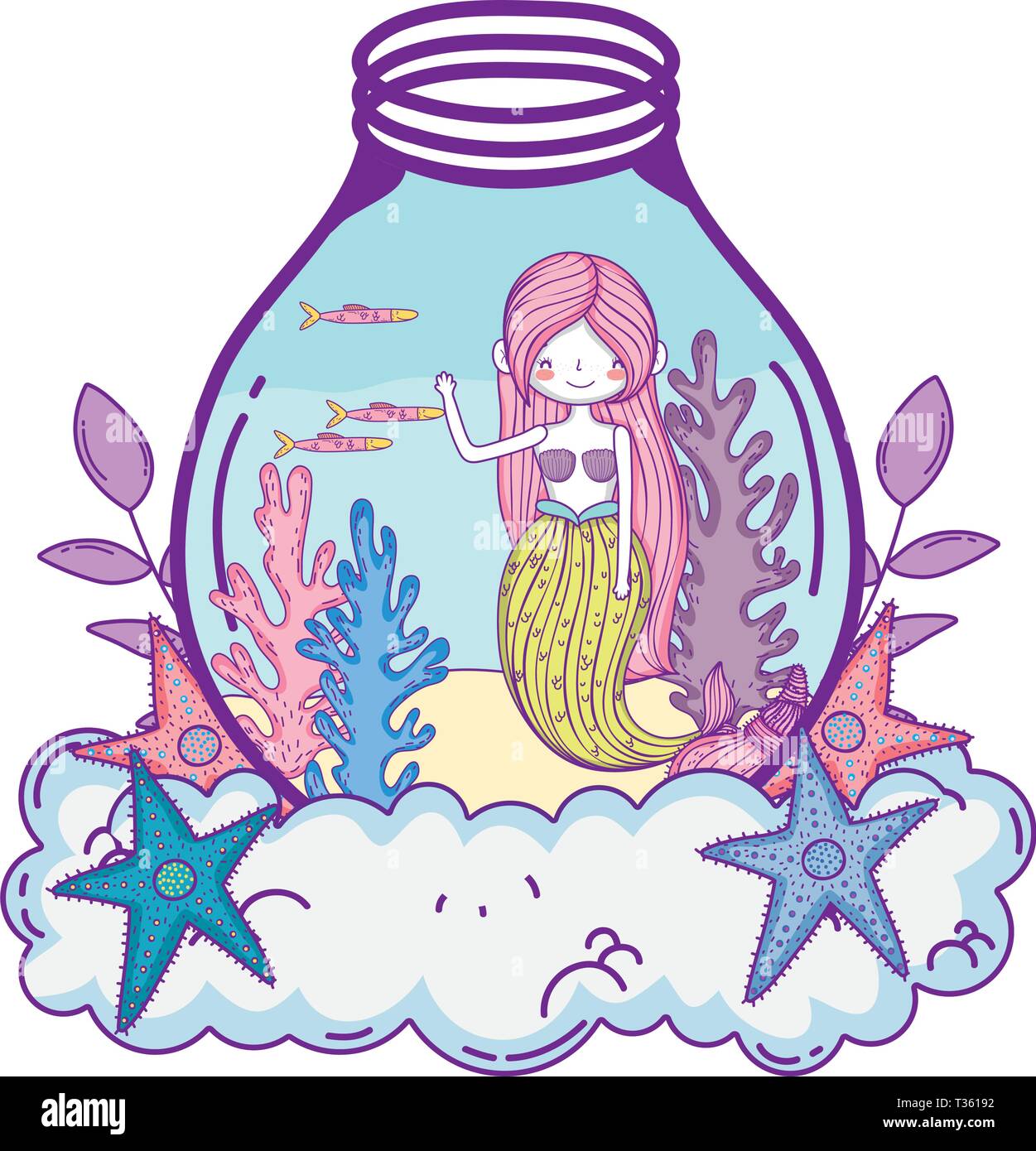 beautiful mermaid with starfishes in clouds vector illustration design ...