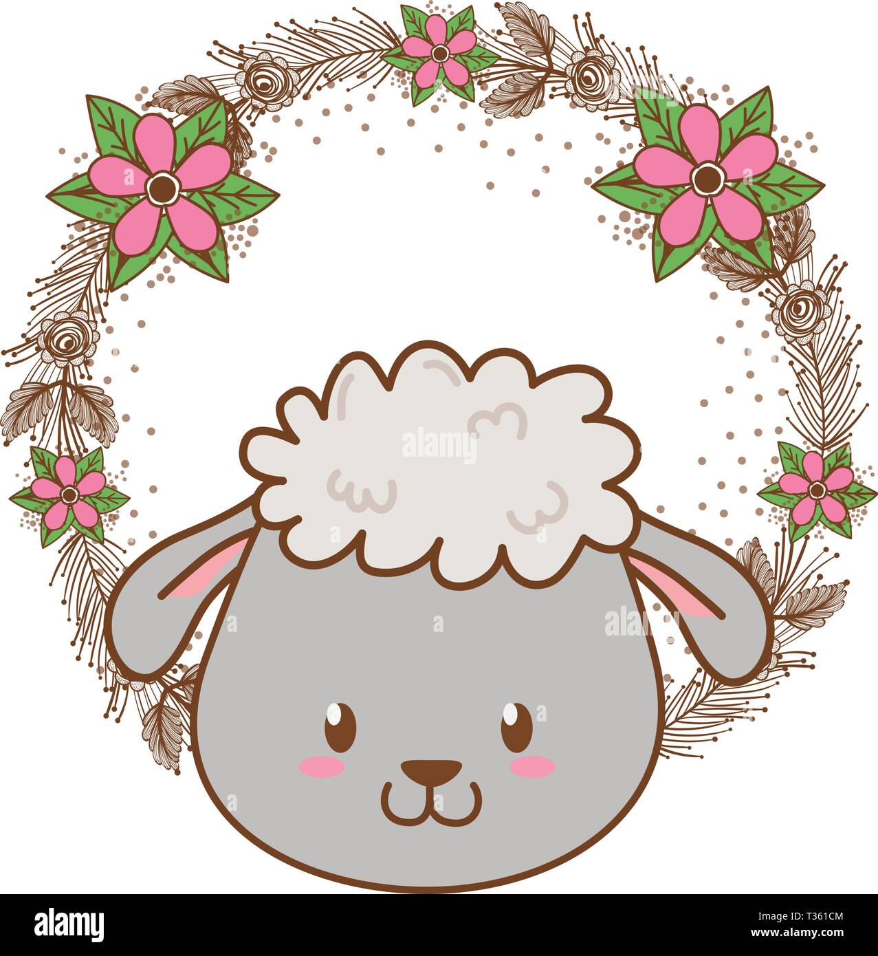 cute little animal sheep face flowers frame cartoon vector illustration ...