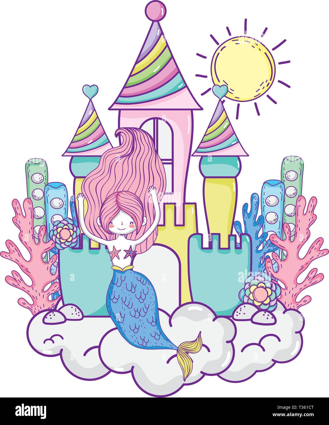 beautiful mermaid with castle scene vector illustration design Stock ...