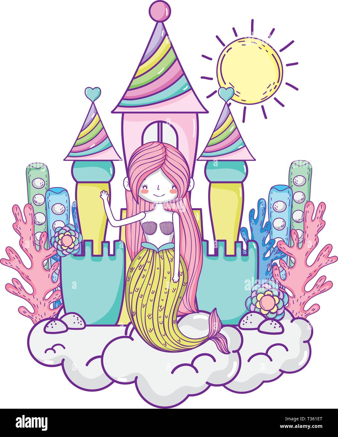 beautiful mermaid with castle scene vector illustration design Stock ...